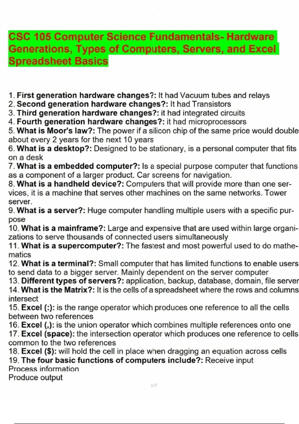 CSC 105 Computer Science Fundamentals- Hardware Generations, Types of ...