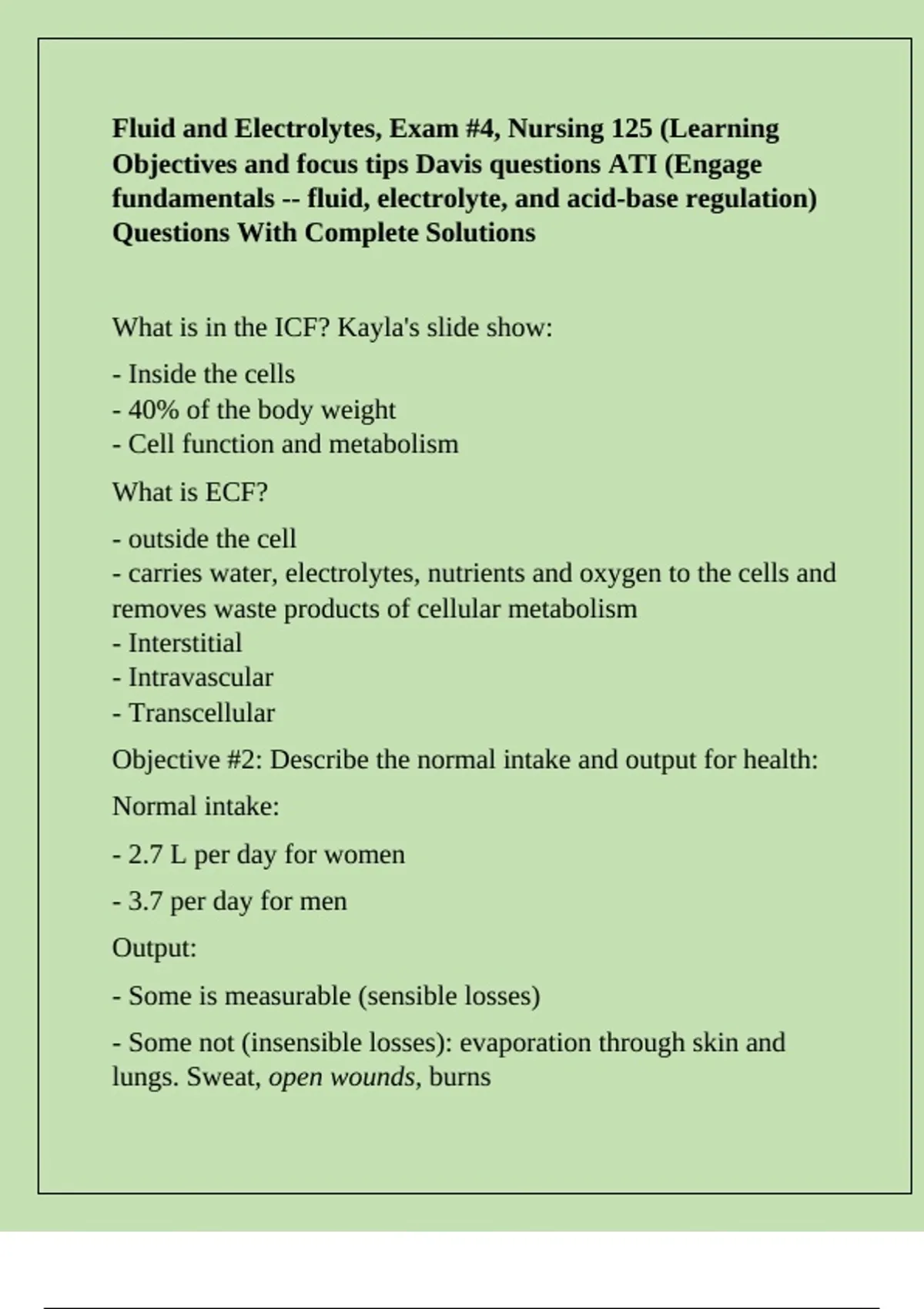 Fluid and Electrolytes, Exam #4, Nursing 125 (Learning Objectives and ...