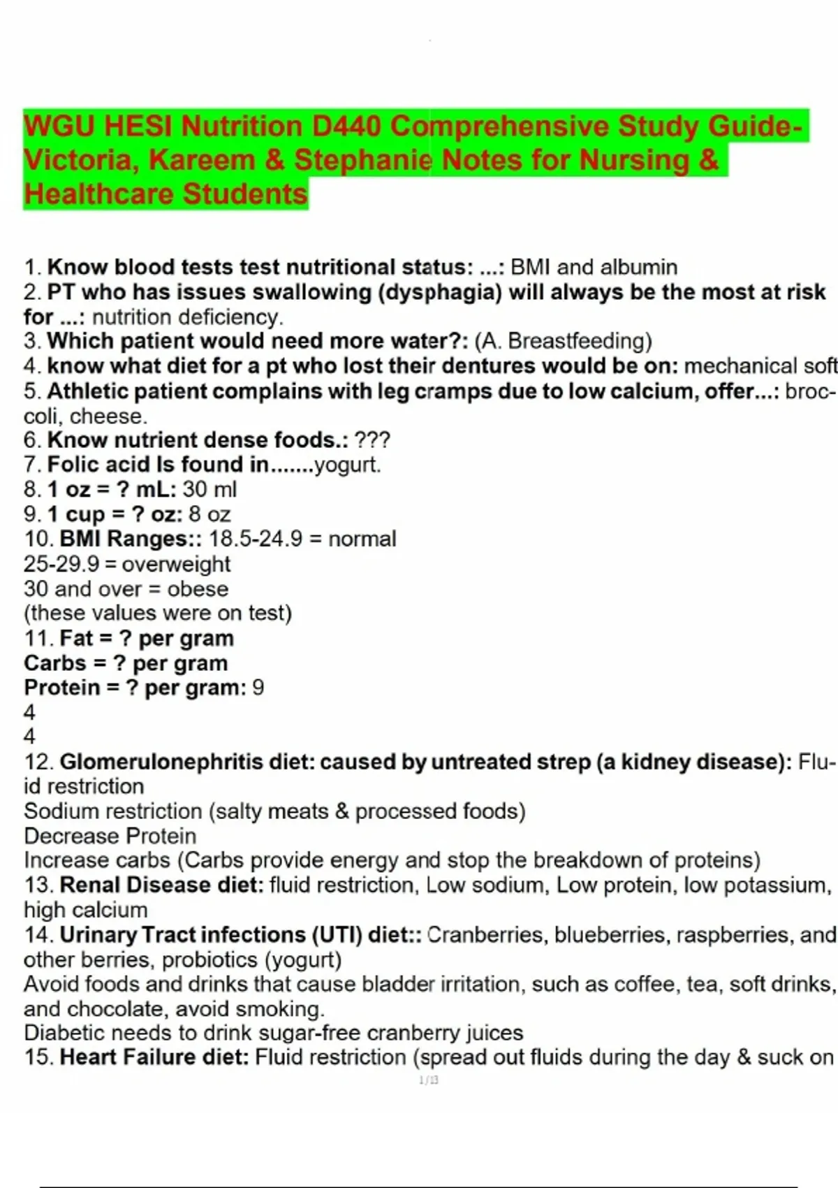 WGU HESI Nutrition D440 Comprehensive Study Guide- Victoria, Kareem ...