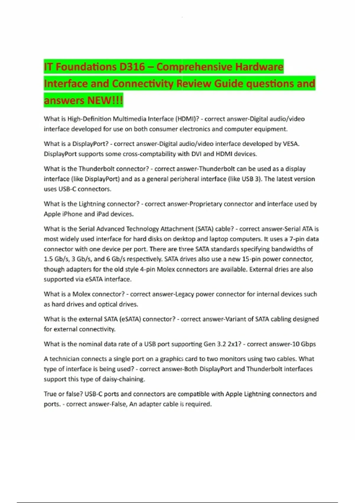 IT Foundations D316 – Comprehensive Hardware Interface and Connectivity ...