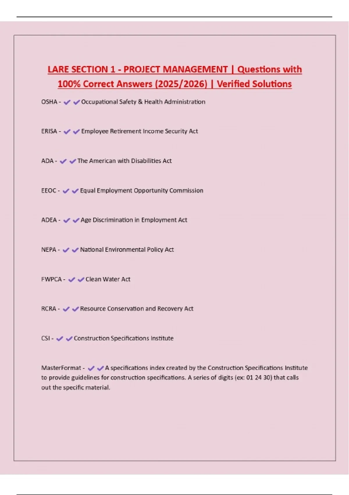 LARE SECTION 1 - PROJECT MANAGEMENT | Questions with 100% Correct ...