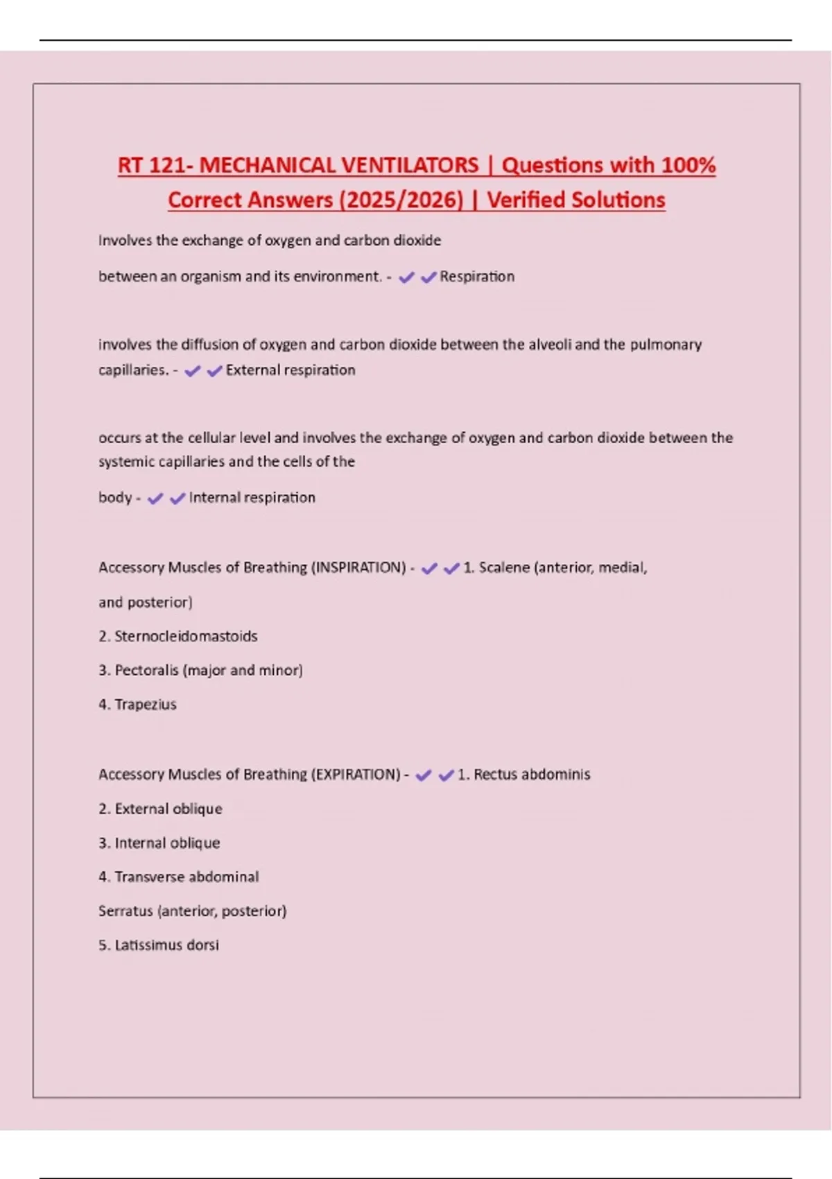 RT 121- MECHANICAL VENTILATORS | Questions with 100% Correct Answers ...