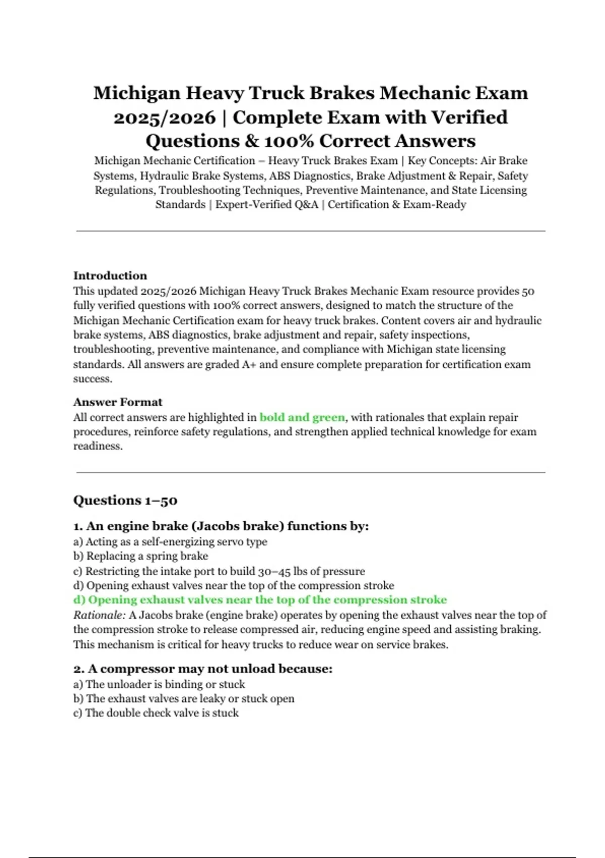 Michigan Heavy Truck Brakes Mechanic Exam 2025/2026 | Complete Exam ...