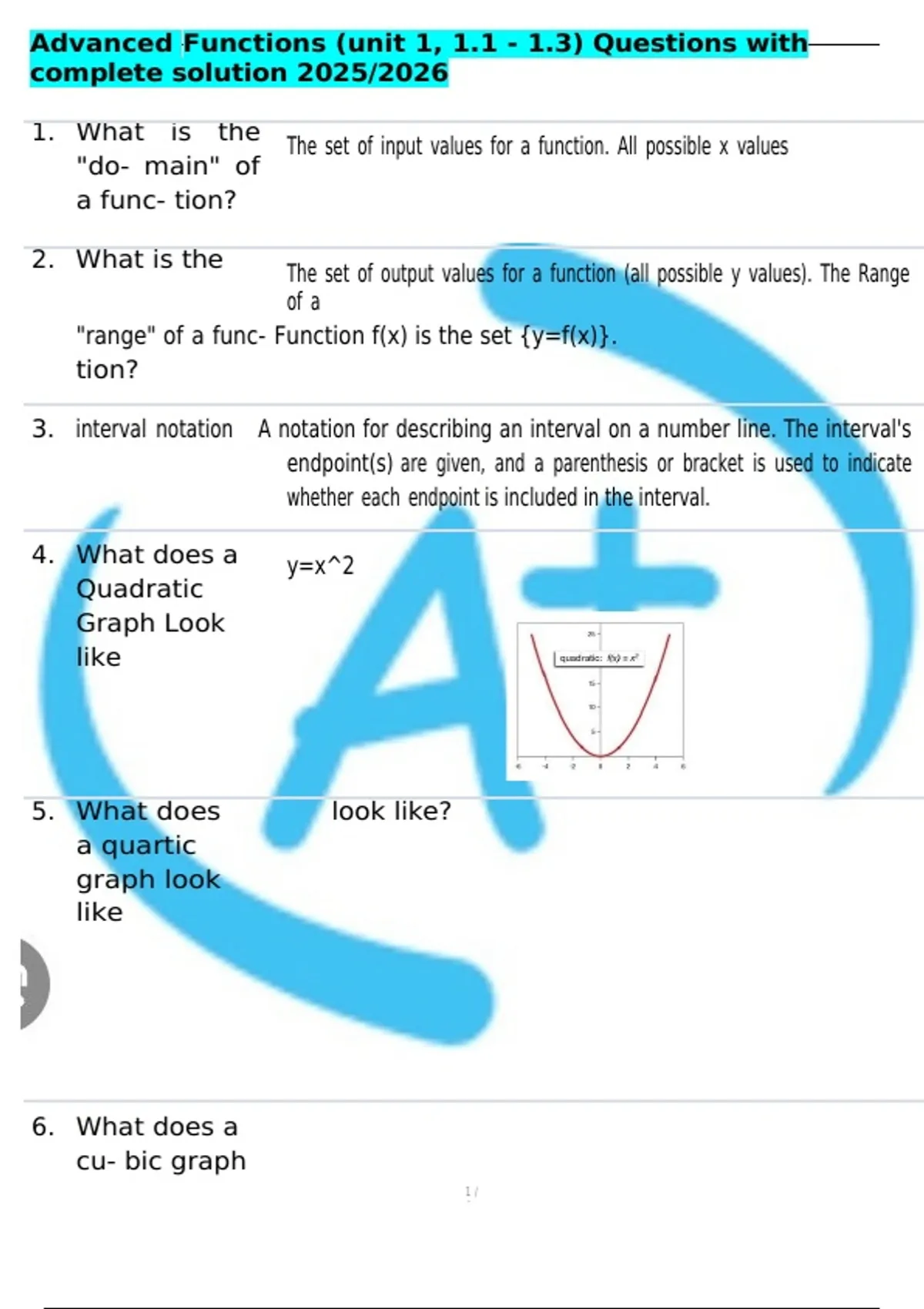 Advanced Functions (unit 1, 1.1 - 1.3) Questions with complete solution ...