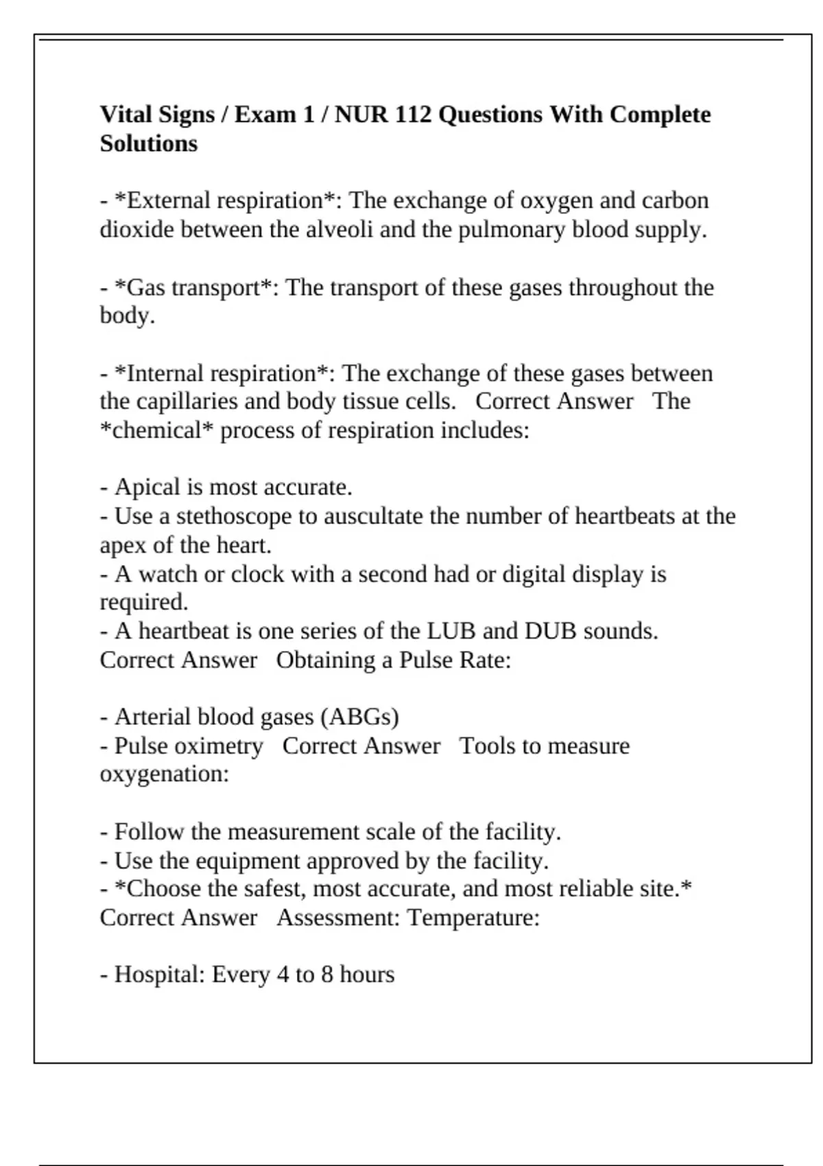 Vital Signs / Exam 1 / NUR 112 Questions With Complete Solutions - NUR ...