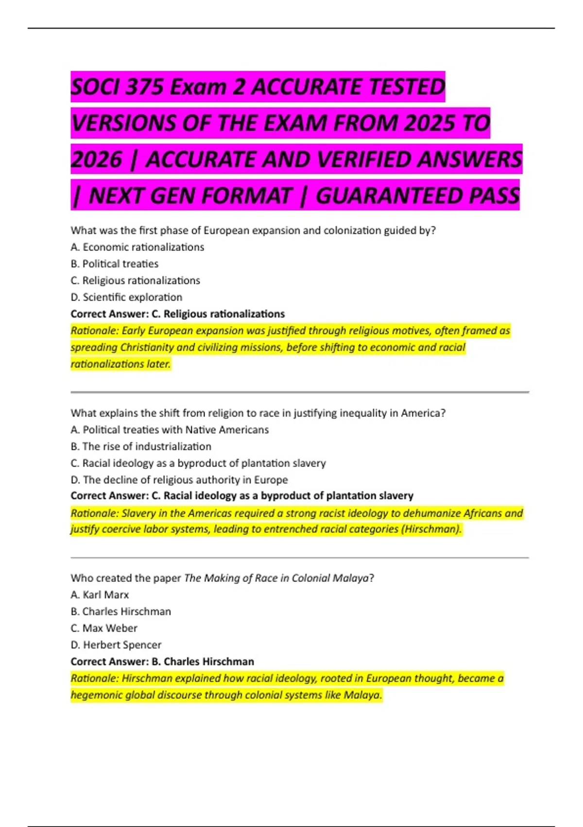 SOCI 375 Exam 2 ACCURATE TESTED VERSIONS OF THE EXAM FROM 2025 TO 2026 ...