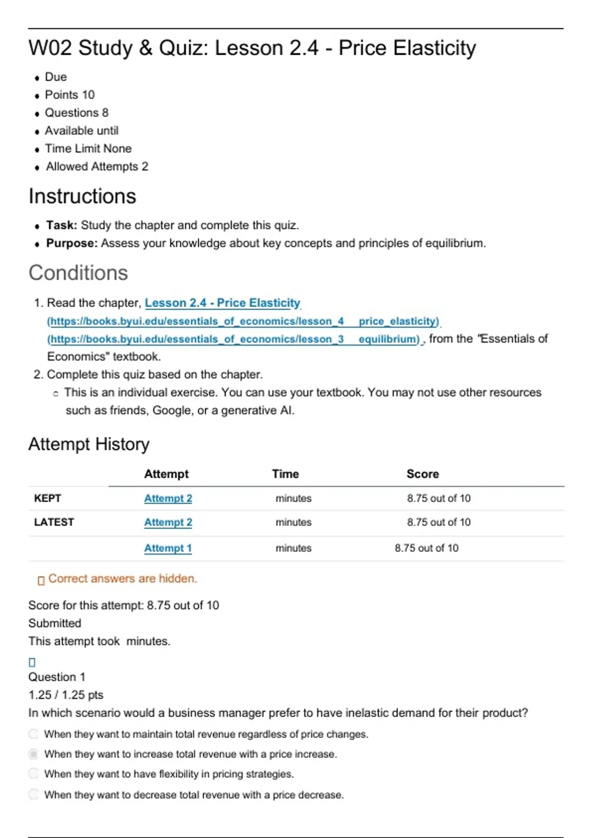 ECON100/ ECON 100: W02 Study & Quiz: Lesson 2.4 - Price Elasticity ...