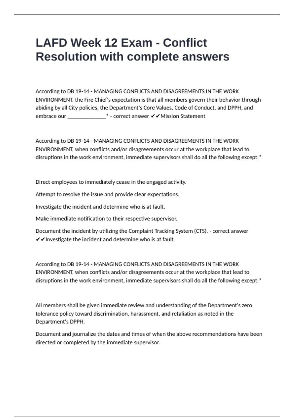 LAFD Week 12 Exam - Conflict Resolution with complete answers - Lafd ...
