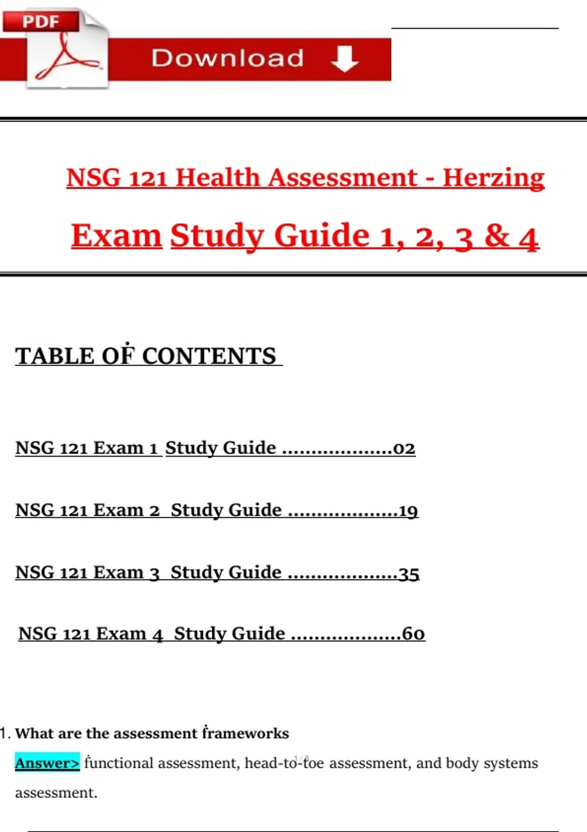 NSG 121 Health Assessment – Herzing Exam Study Guide (Units 1, 2, 3 & 4 ...