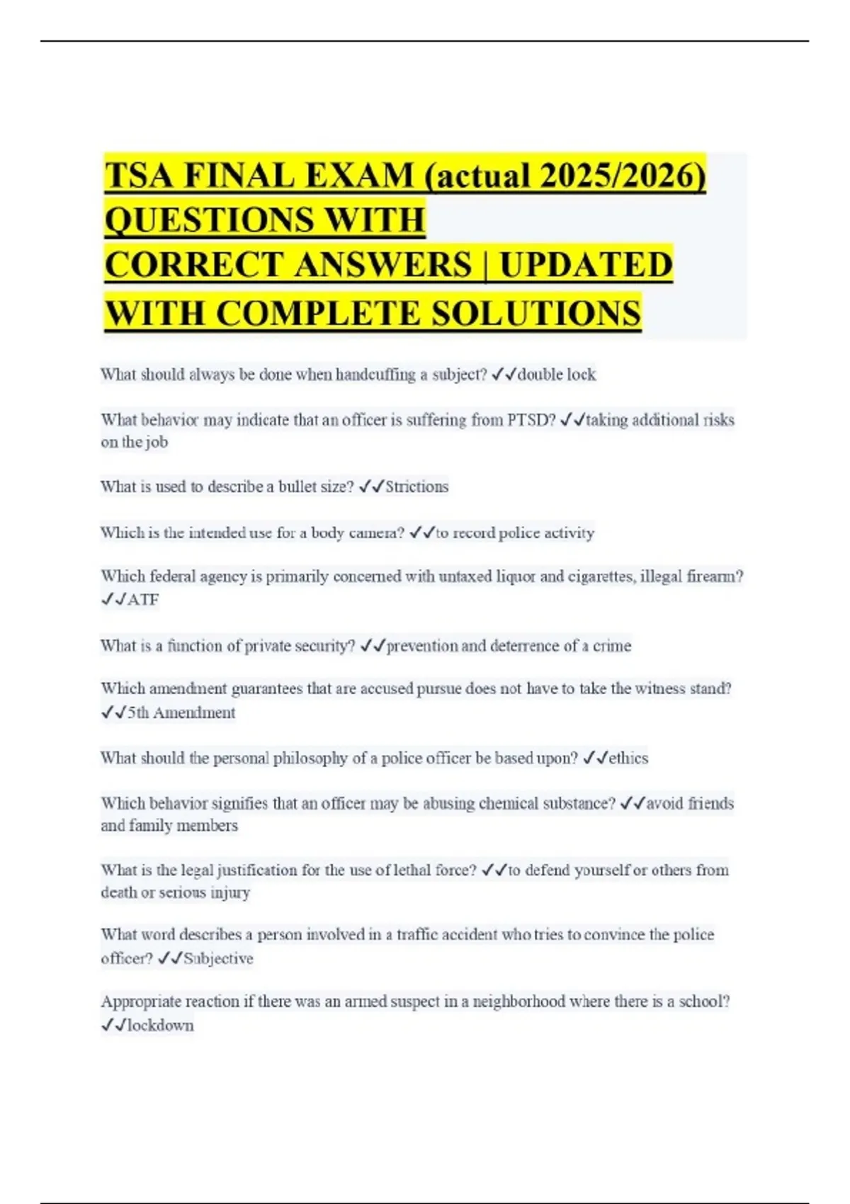 TSA FINAL EXAM (actual 2025/2026) QUESTIONS WITH CORRECT ANSWERS | UPDATED WITH COMPLETE ...