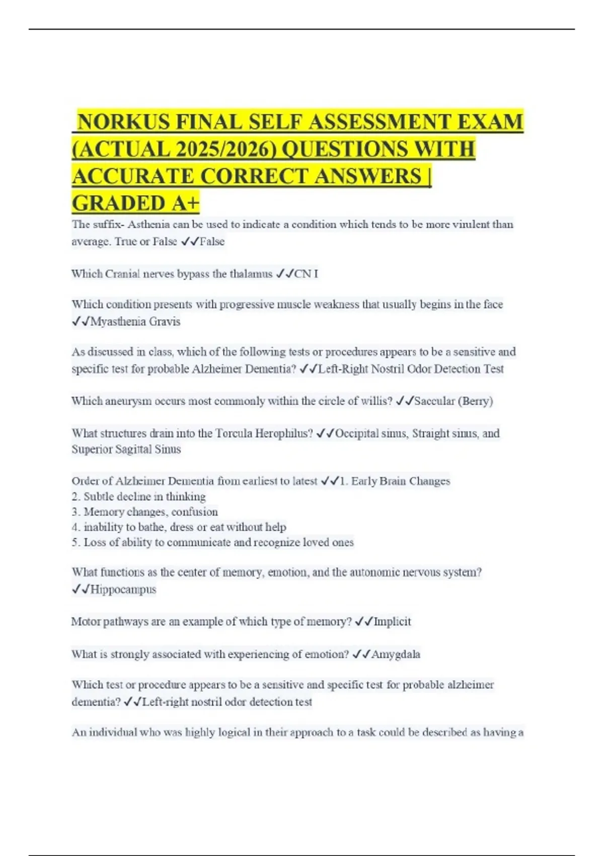NORKUS FINAL SELF ASSESSMENT EXAM (ACTUAL 2025/2026) QUESTIONS WITH ...