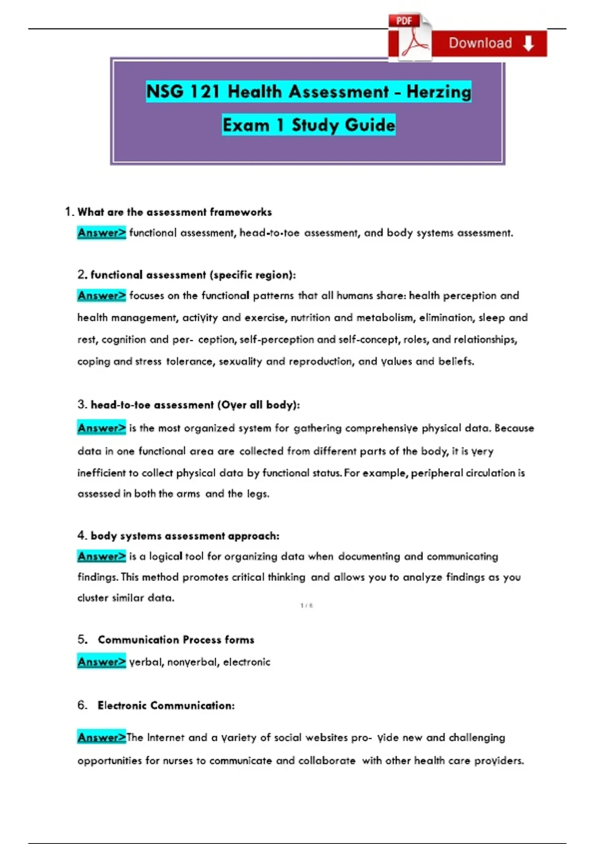 NSG 121 Health Assessment – Herzing University 2025 (PDF) Exam Prep ...