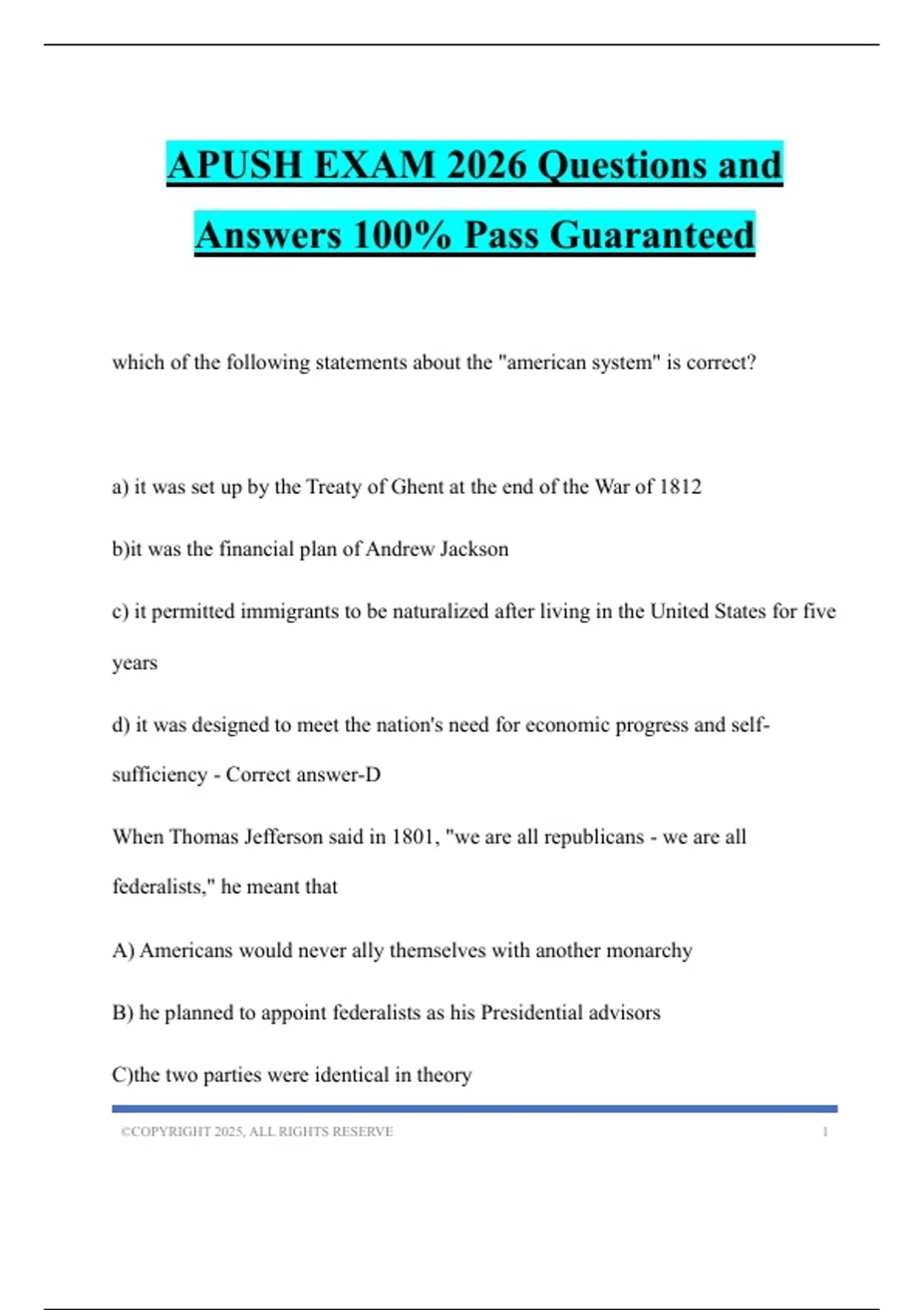 APUSH EXAM 2026 Questions and Answers 100% Pass Guaranteed - APUSH ...