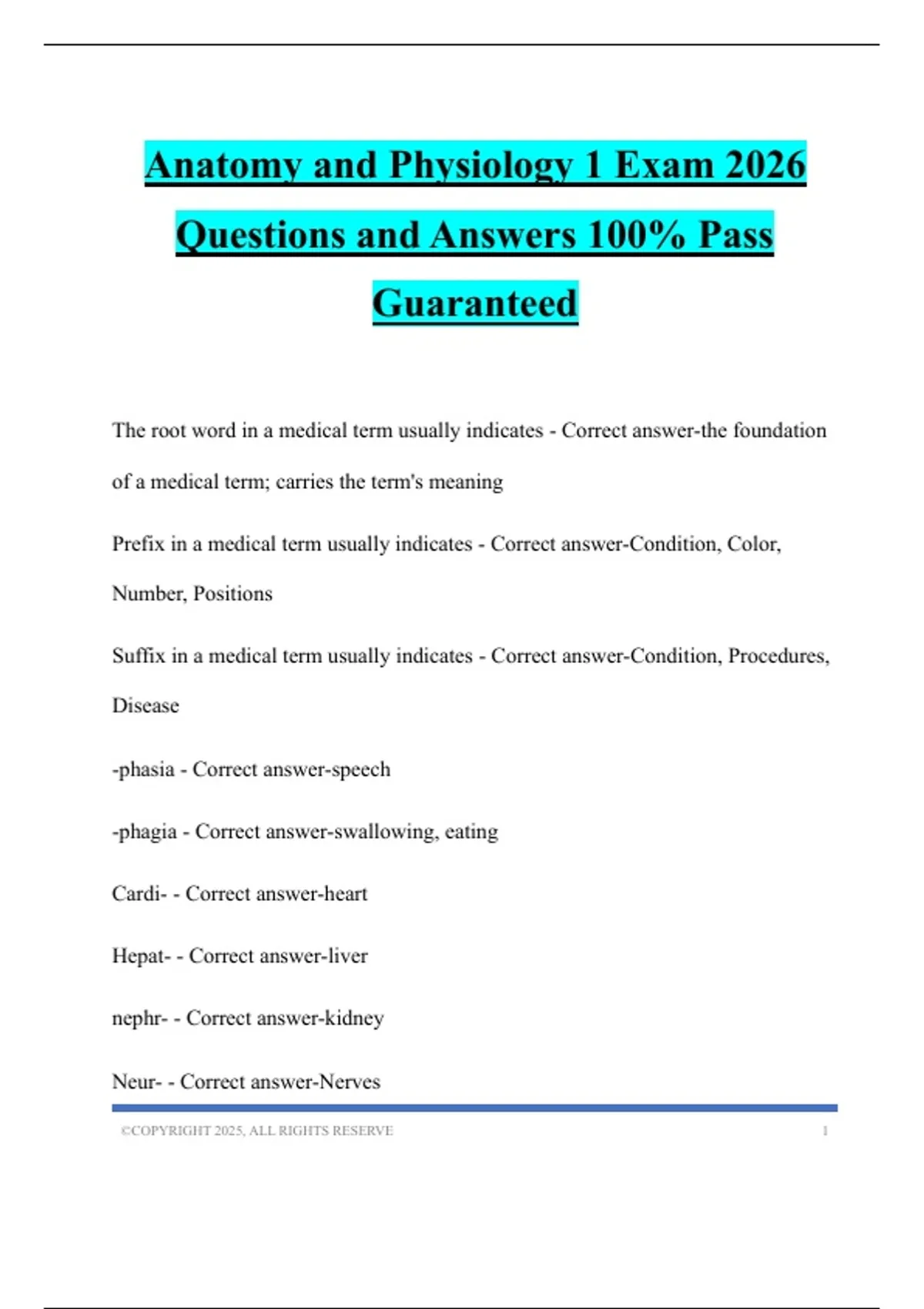 Anatomy and Physiology 1 Exam 2026 Questions and Answers 100% Pass ...