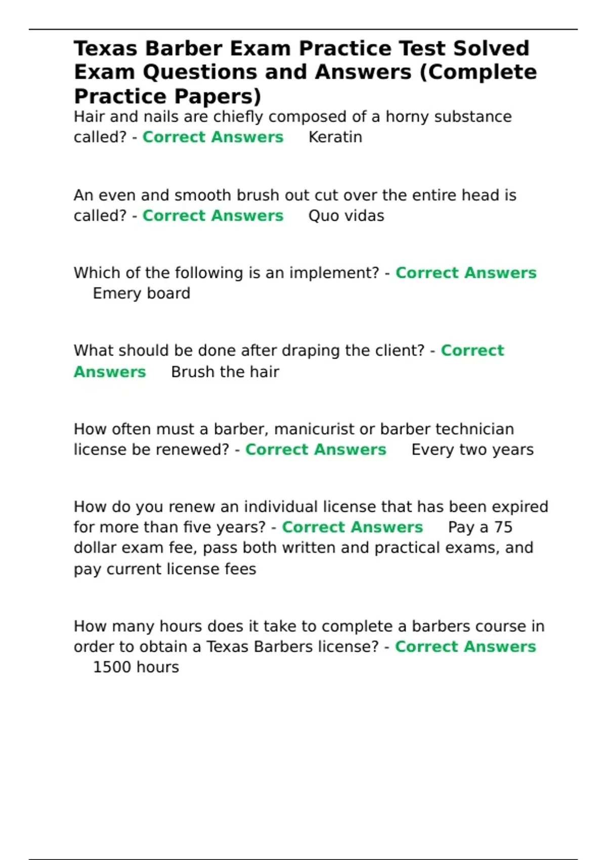 Texas Barber Exam Practice Test Solved Exam Questions and Answers ...