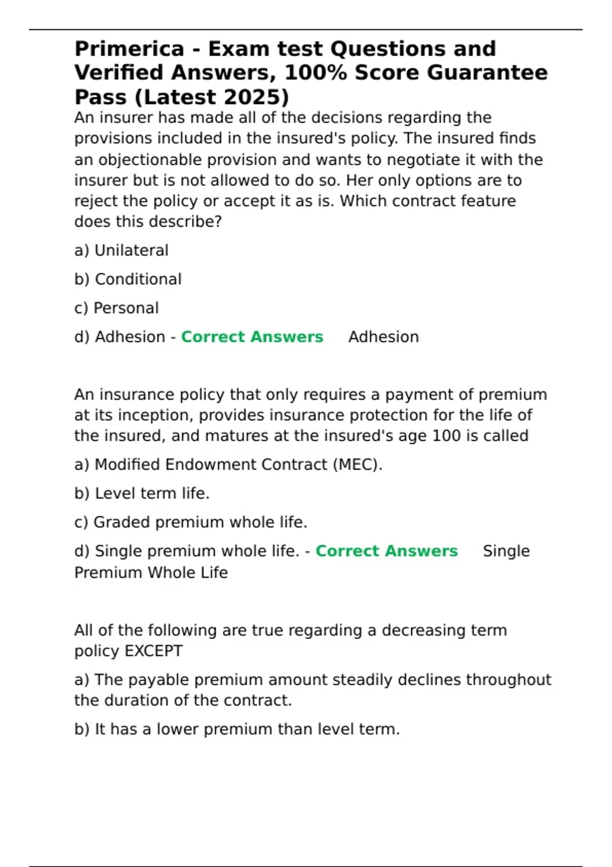Primerica - Exam test Questions and Verified Answers, 100- Score ...