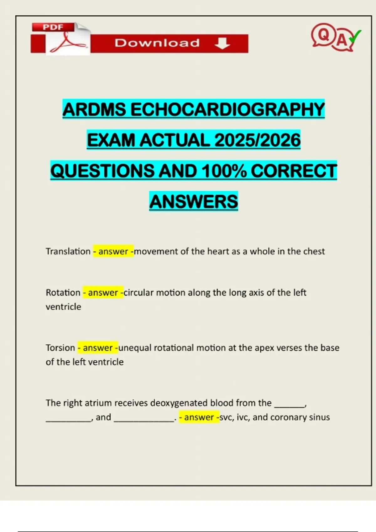 ARDMS ECHOCARDIOGRAPHY EXAM ACTUAL 2025/2026 QUESTIONS AND 100% CORRECT ...