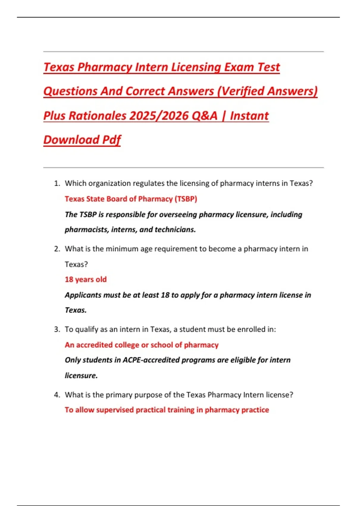 Texas Pharmacy Intern Licensing Exam Test Questions And Correct Answers ...