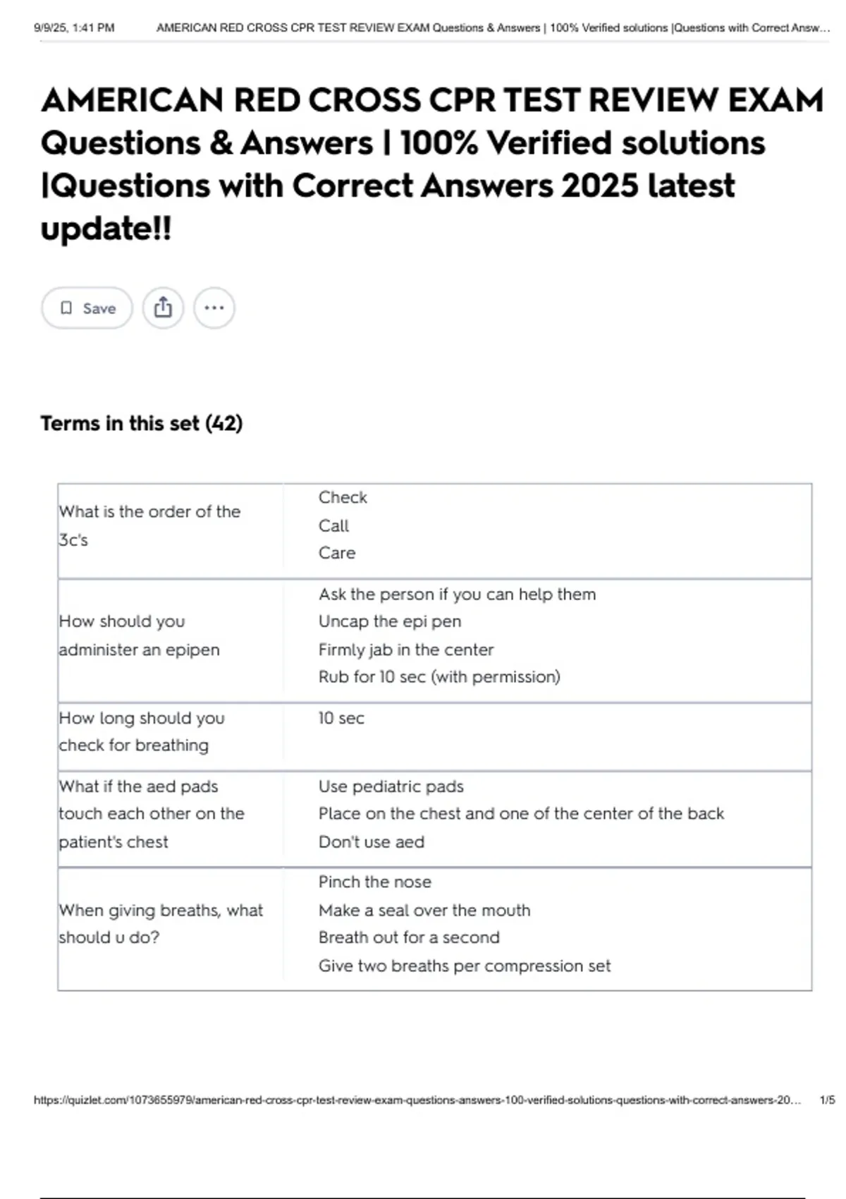 AMERICAN RED CROSS CPR TEST REVIEW EXAM Questions & Answers | 100% ...