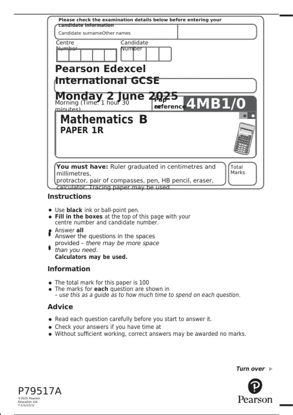 Pearson Edexcel International GCSE Mathematics D Paper 1R: 4MB1/01R ...