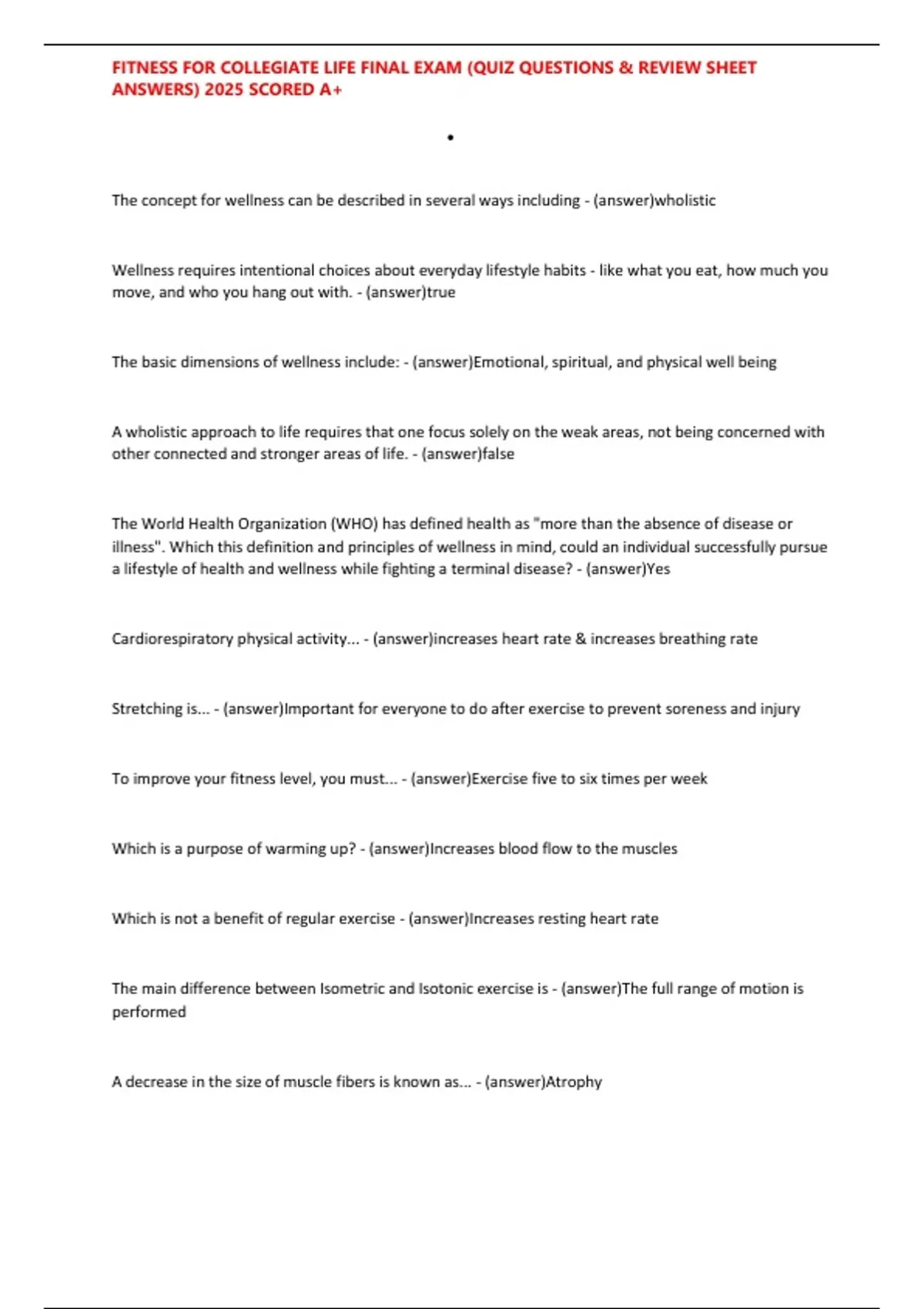 FITNESS FOR COLLEGIATE LIFE FINAL EXAM (QUIZ QUESTIONS & REVIEW SHEET ...