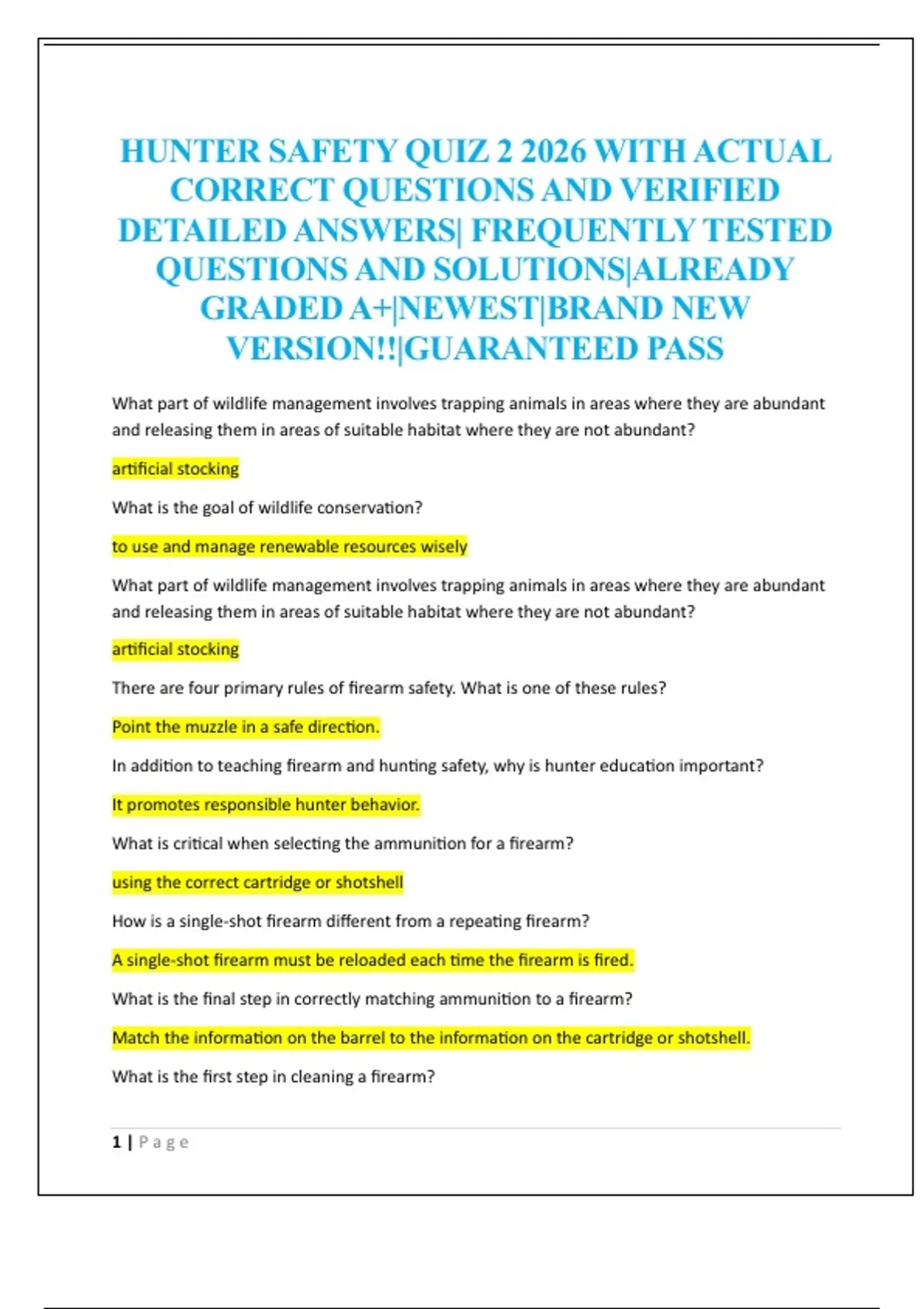 HUNTER SAFETY QUIZ 2 2026 WITH ACTUAL CORRECT QUESTIONS AND VERIFIED ...