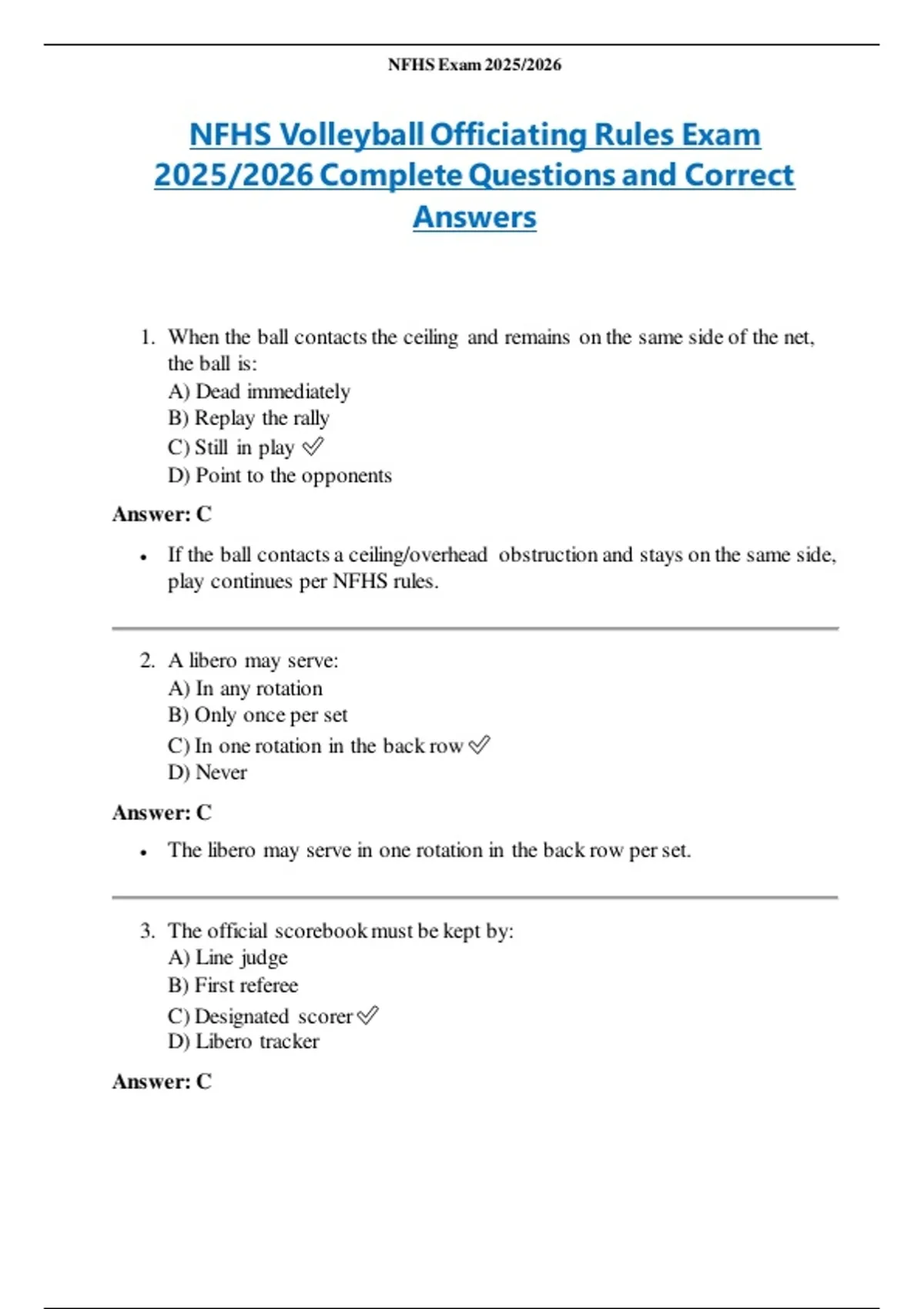 NFHS Volleyball Officiating Rules Exam (2025/2026) | 150 Questions with ...