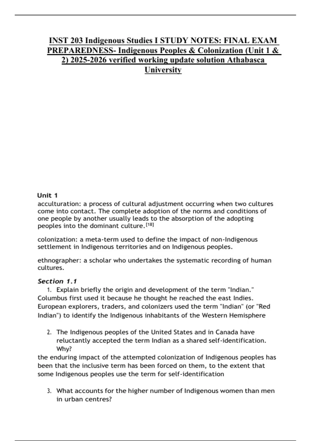 INST 203 Indigenous Studies I STUDY NOTES: FINAL EXAM PREPAREDNESS ...