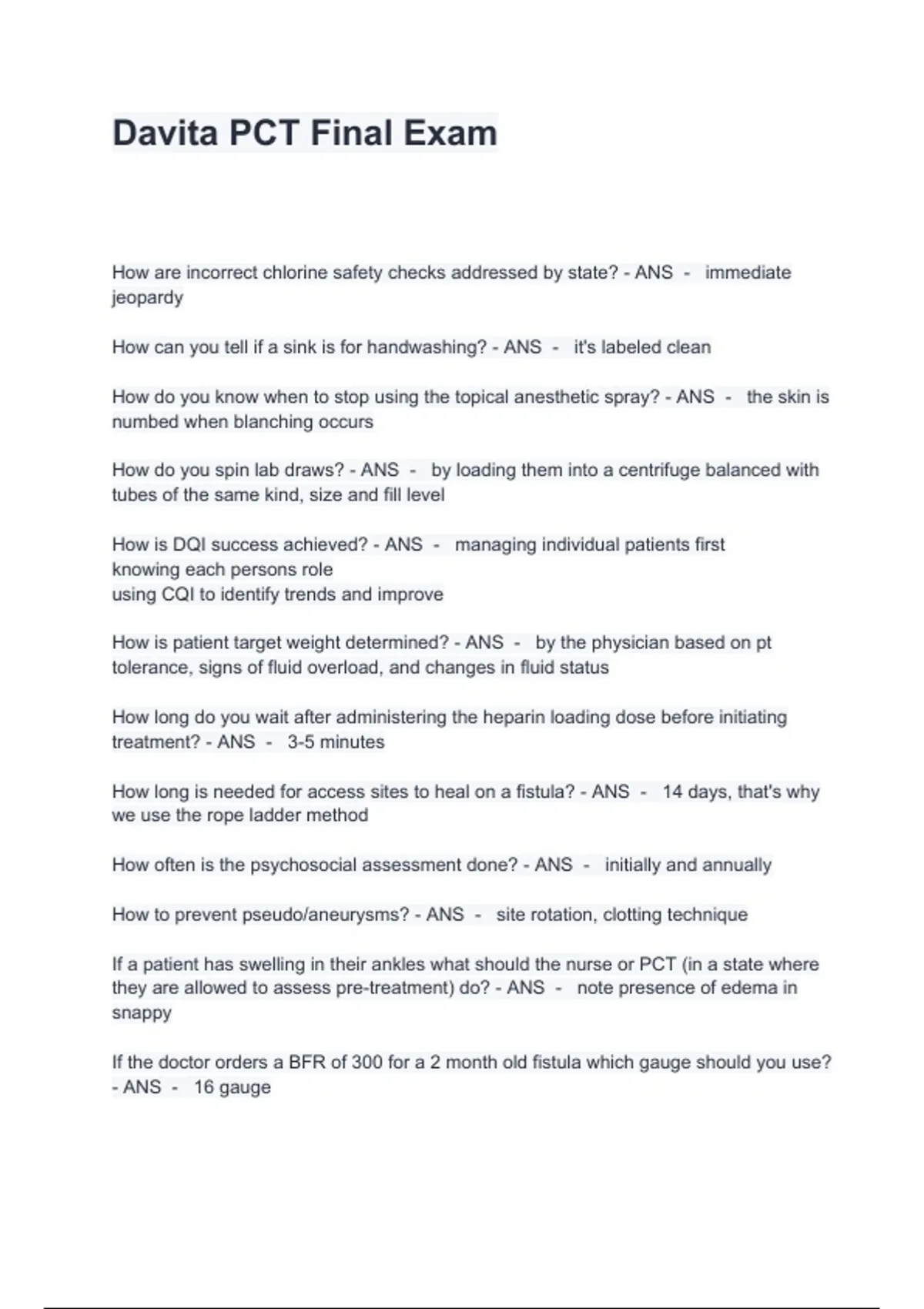 DaVita PCT Final Exam — Complete Practice Questions with Answers (2025/ ...