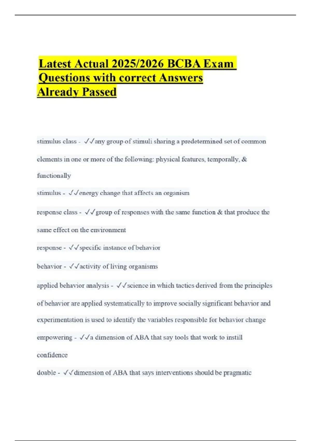Latest Actual 2025/2026 BCBA Exam Questions with correct Answers ...