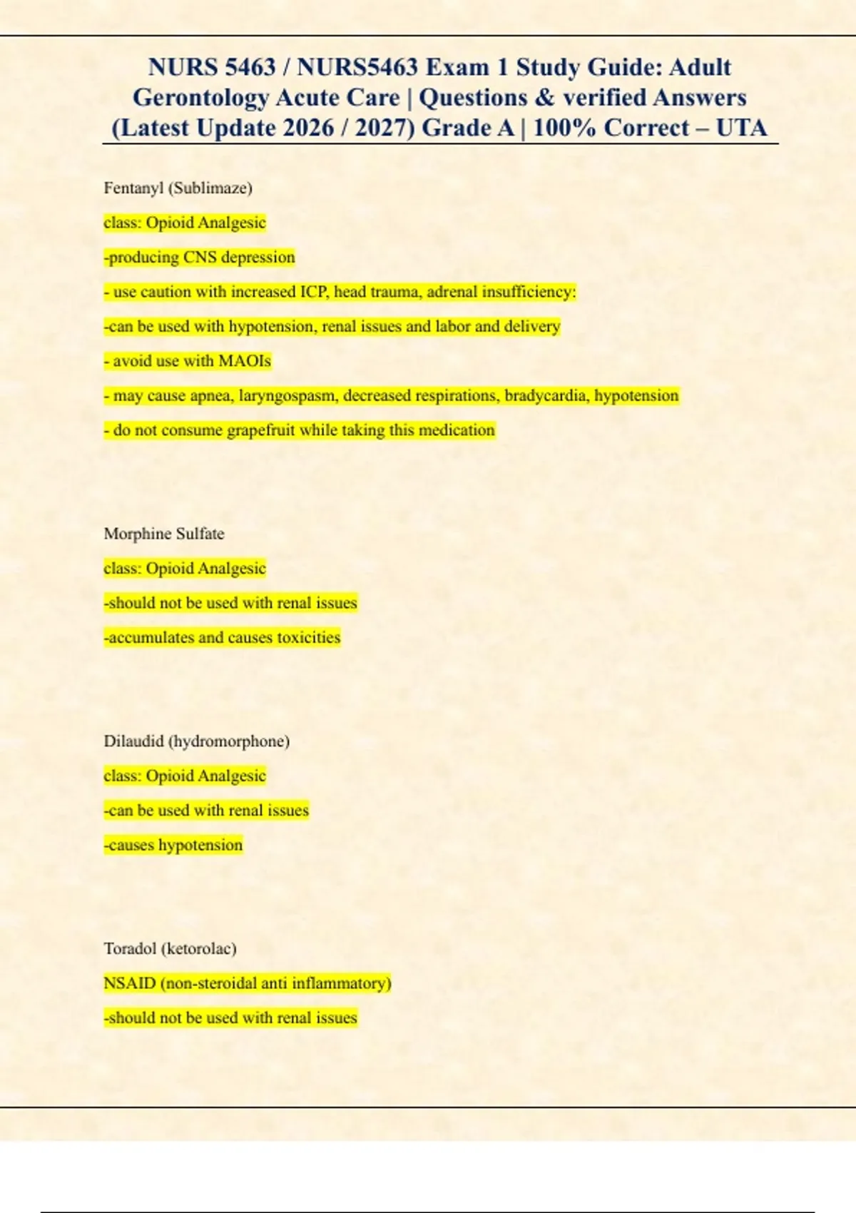 NURS 5463 / NURS5463 Exam 1 Study Guide: Adult Gerontology Acute Care ...