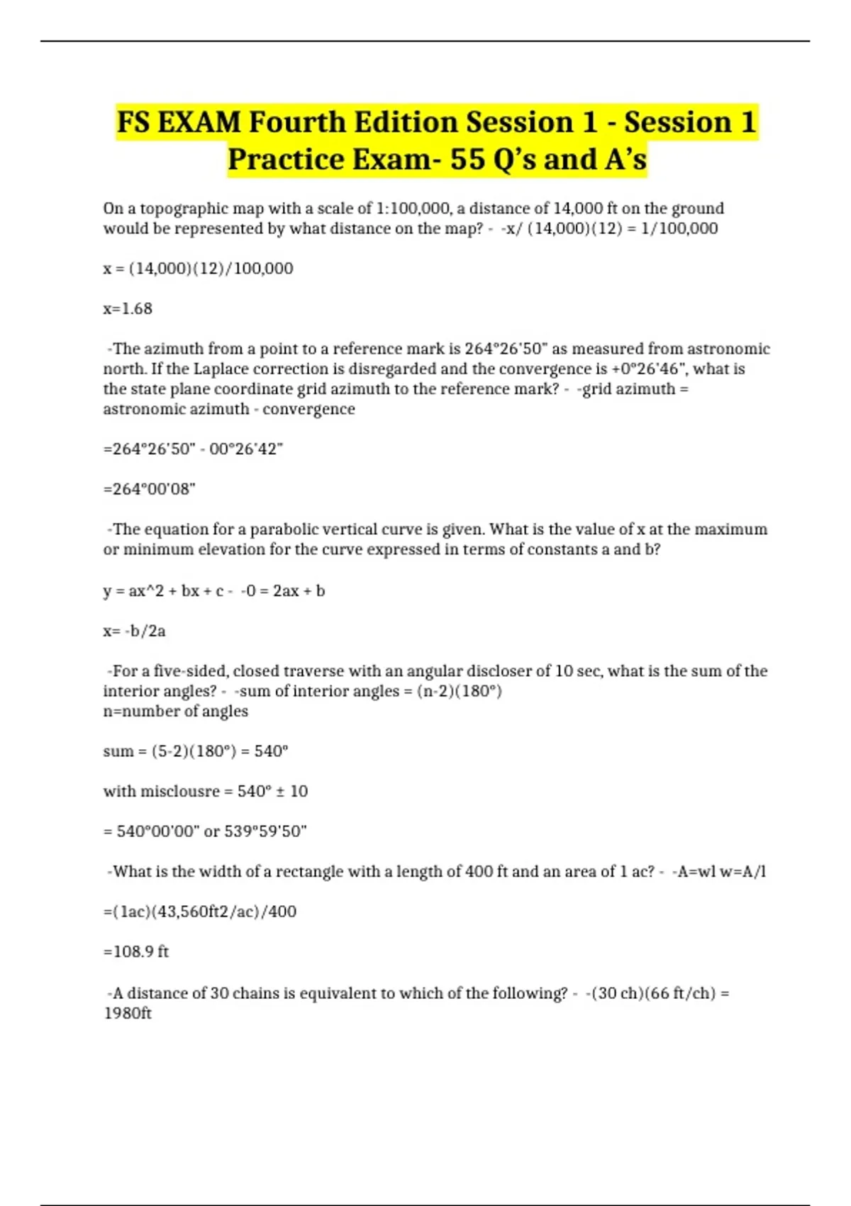 FS EXAM Fourth Edition Session 1 - Session 1 Practice Exam- 55 Q’s and ...