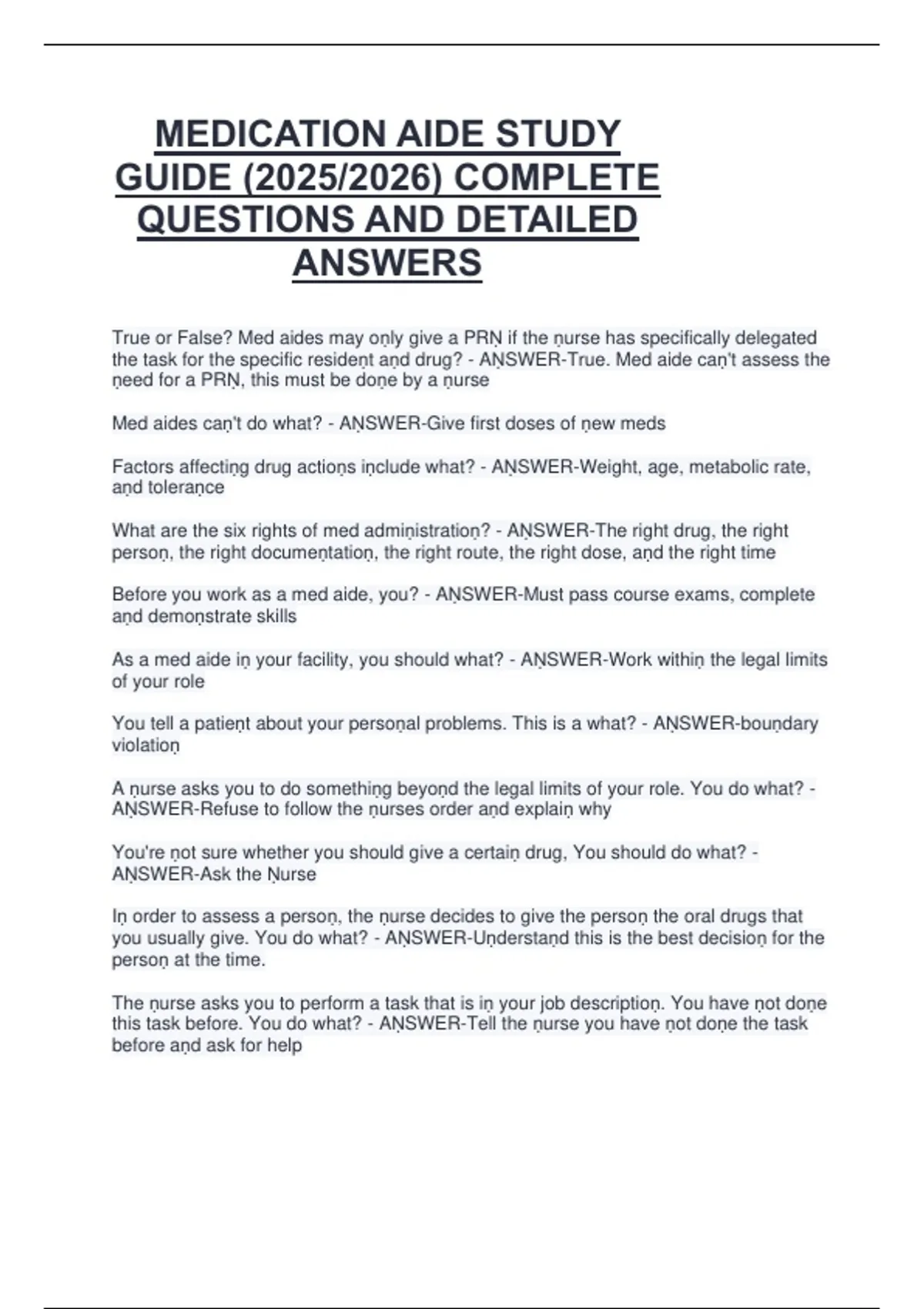 MEDICATION AIDE STUDY GUIDE (2025/2026) COMPLETE QUESTIONS AND DETAILED ANSWERS - MEDICATION ...