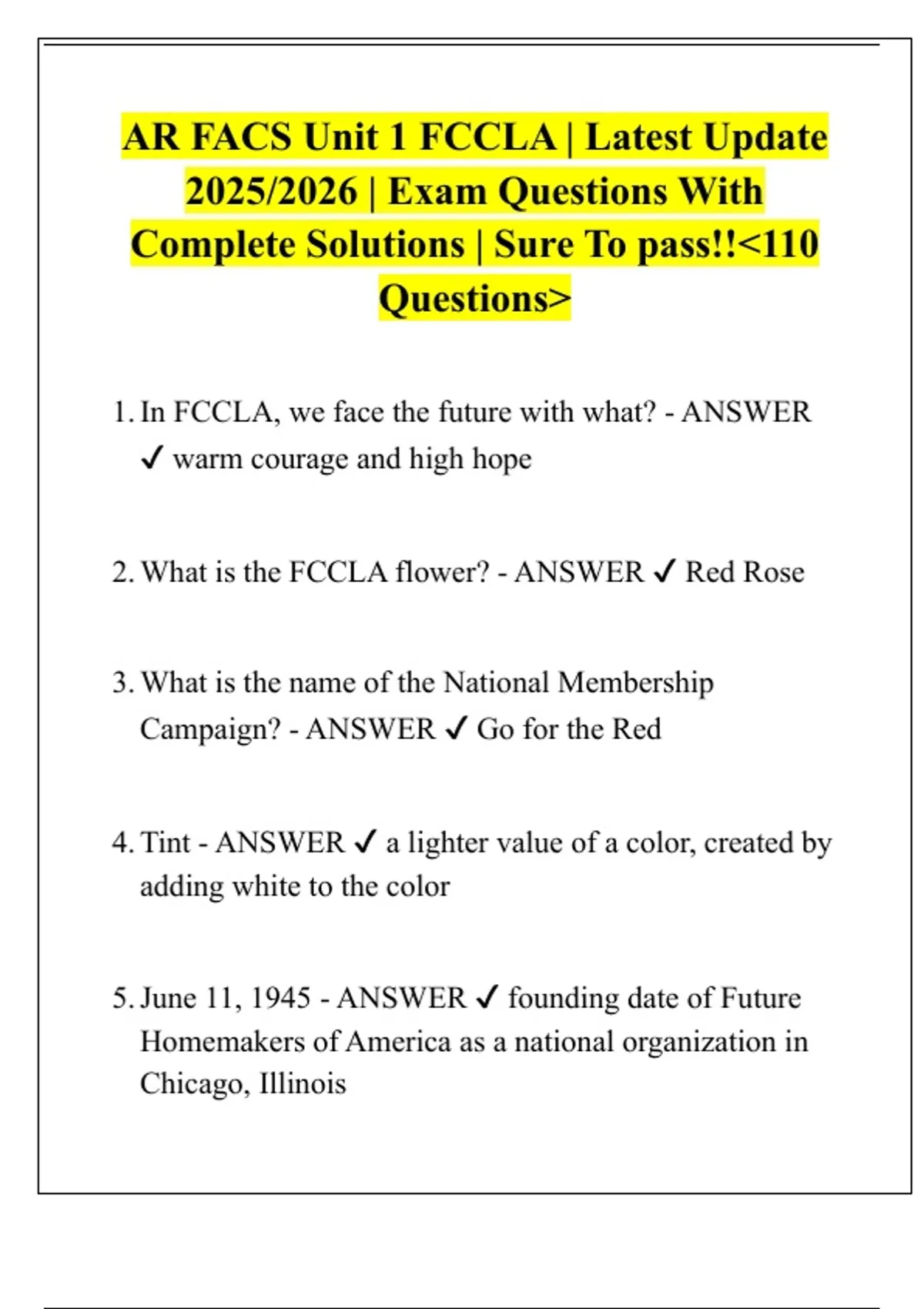 AR FACS Unit 1 FCCLA | Latest Update 2025/2026 | Exam Questions With ...