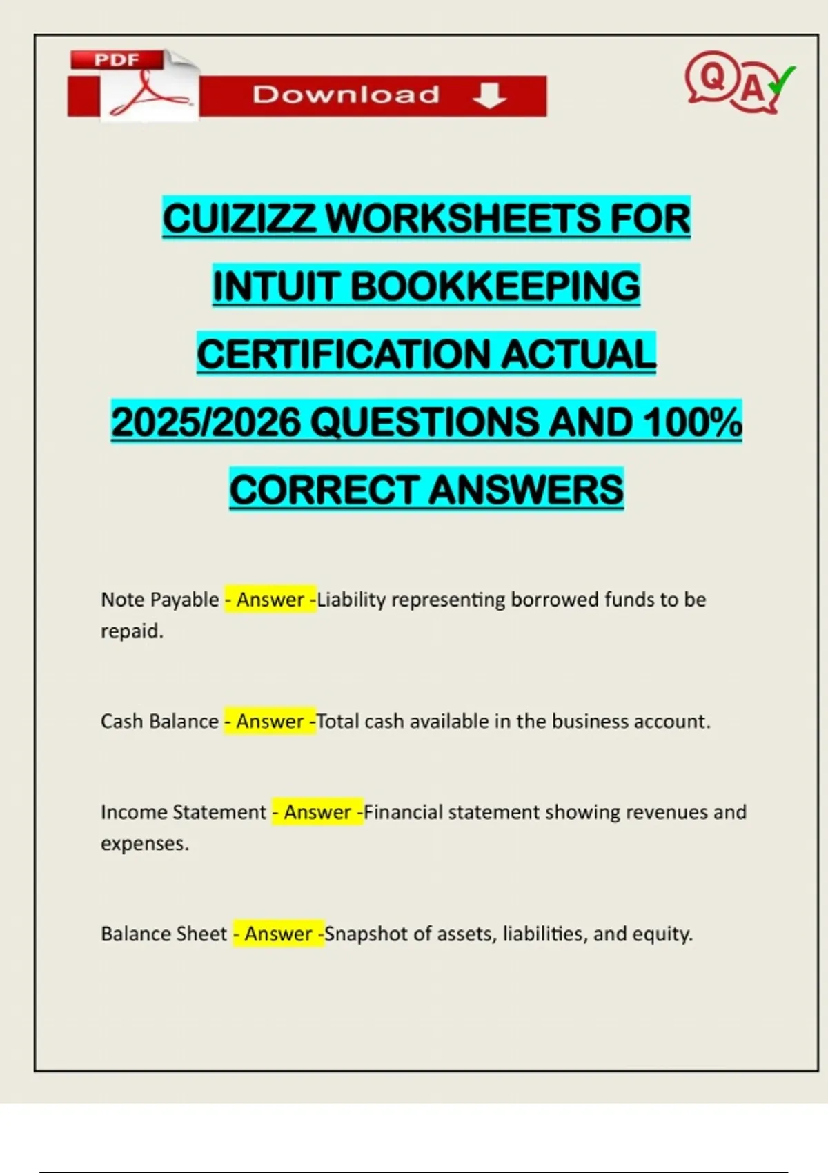 CUIZIZZ WORKSHEETS FOR INTUIT BOOKKEEPING CERTIFICATION ACTUAL 2025/ ...