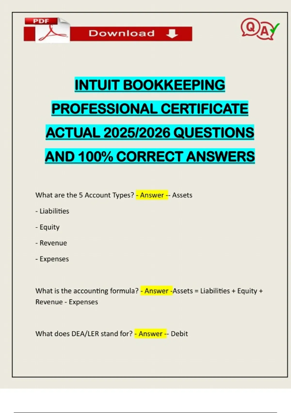 INTUIT BOOKKEEPING PROFESSIONAL CERTIFICATE ACTUAL 2025/2026 QUESTIONS ...