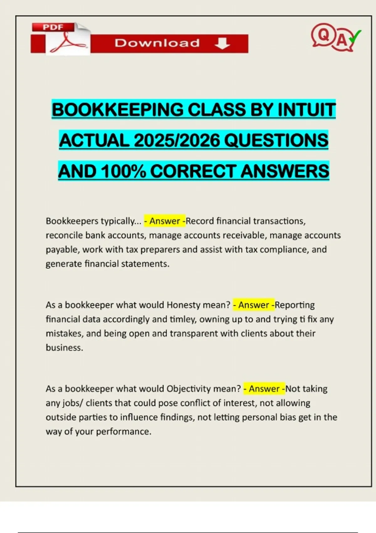 BOOKKEEPING CLASS BY INTUIT ACTUAL 2025/2026 QUESTIONS AND 100% CORRECT ...