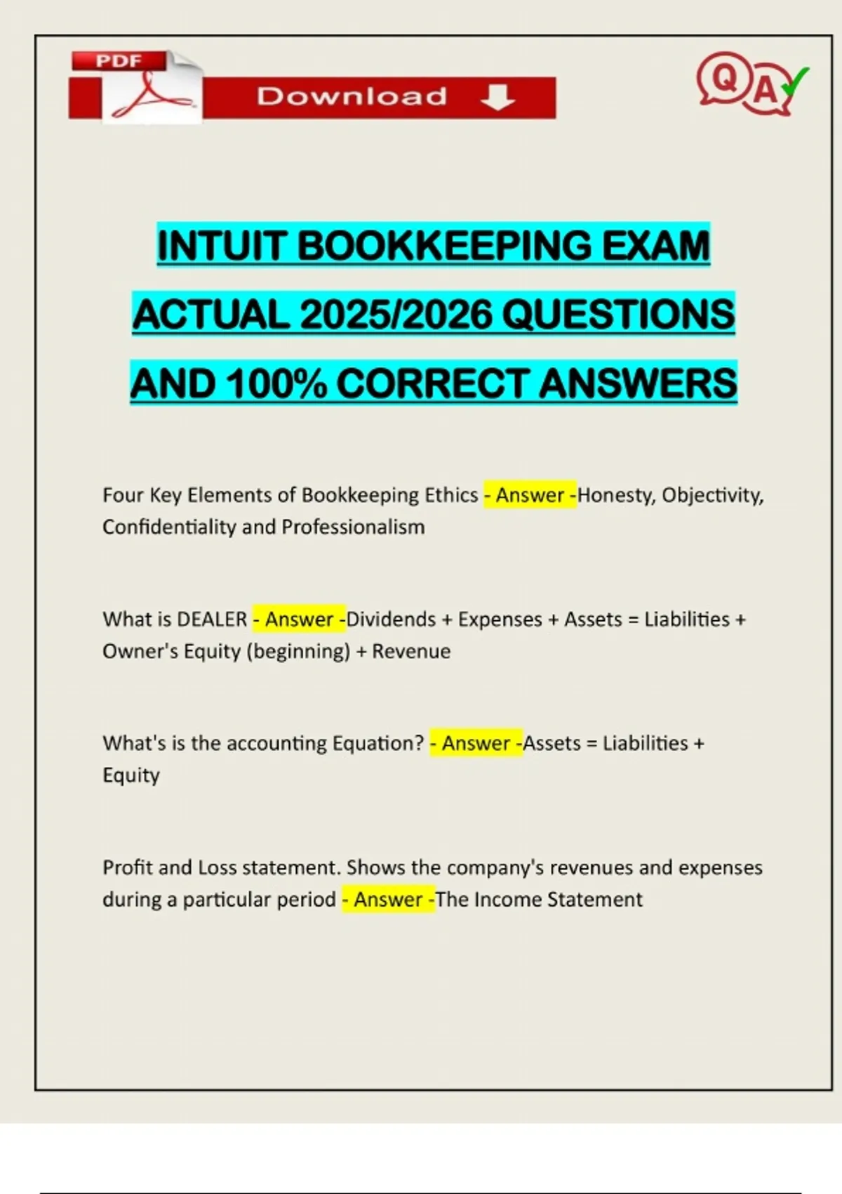 INTUIT BOOKKEEPING EXAM ACTUAL 2025/2026 QUESTIONS AND 100% CORRECT ...