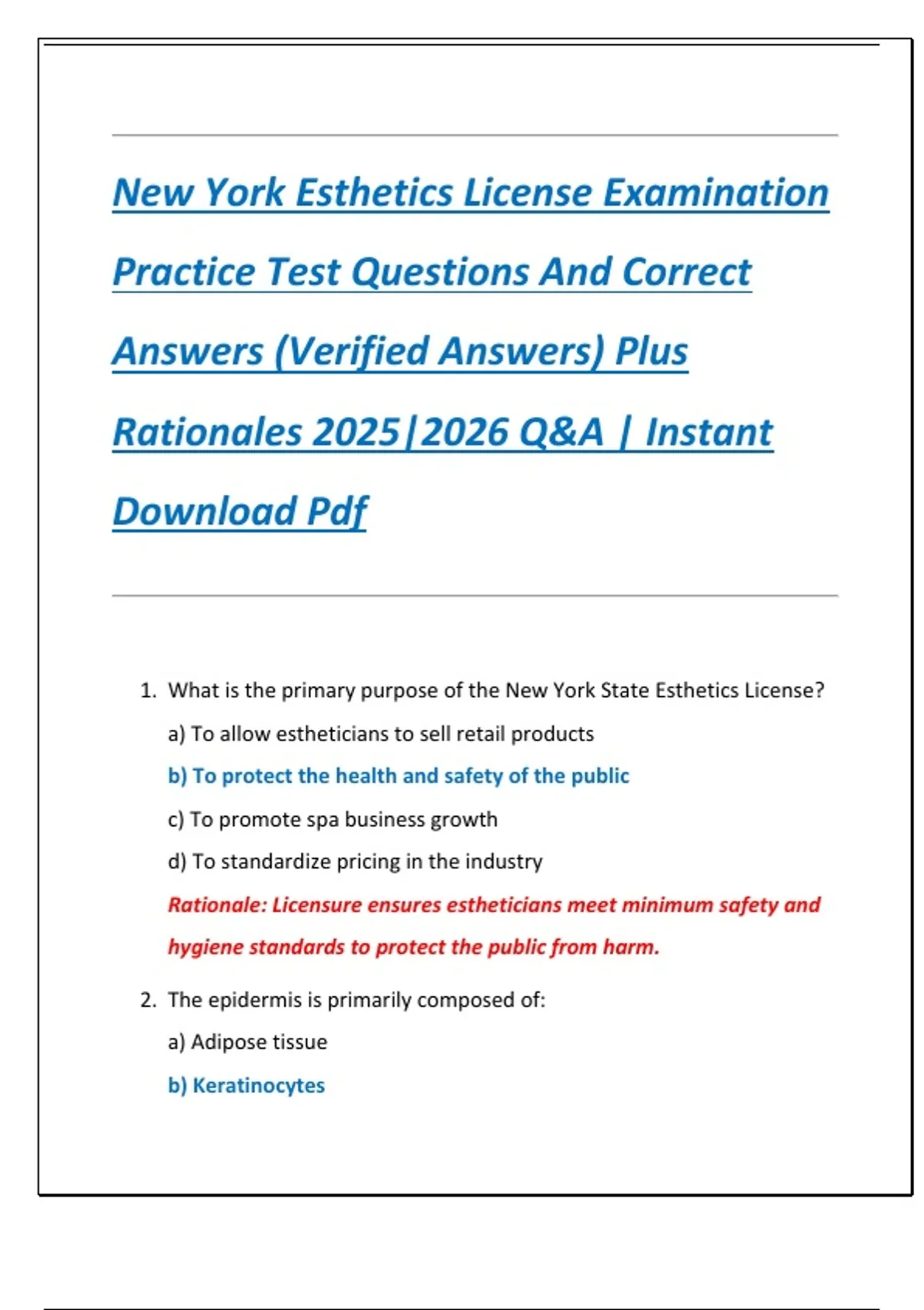 New York Esthetics License Examination Practice Test Questions And ...