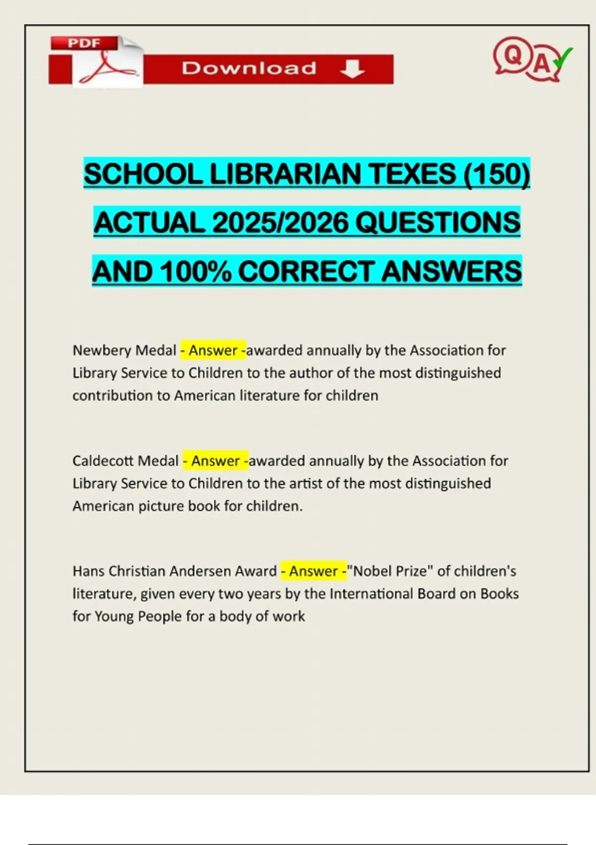 SCHOOL LIBRARIAN TEXES (150) ACTUAL 2025/2026 QUESTIONS AND 100% ...