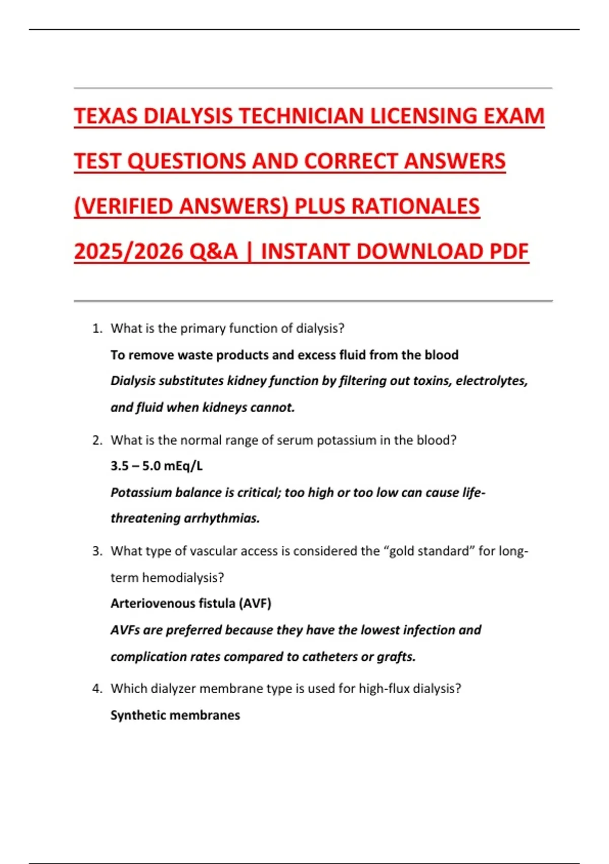 TEXAS DIALYSIS TECHNICIAN LICENSING EXAM TEST QUESTIONS AND CORRECT ...