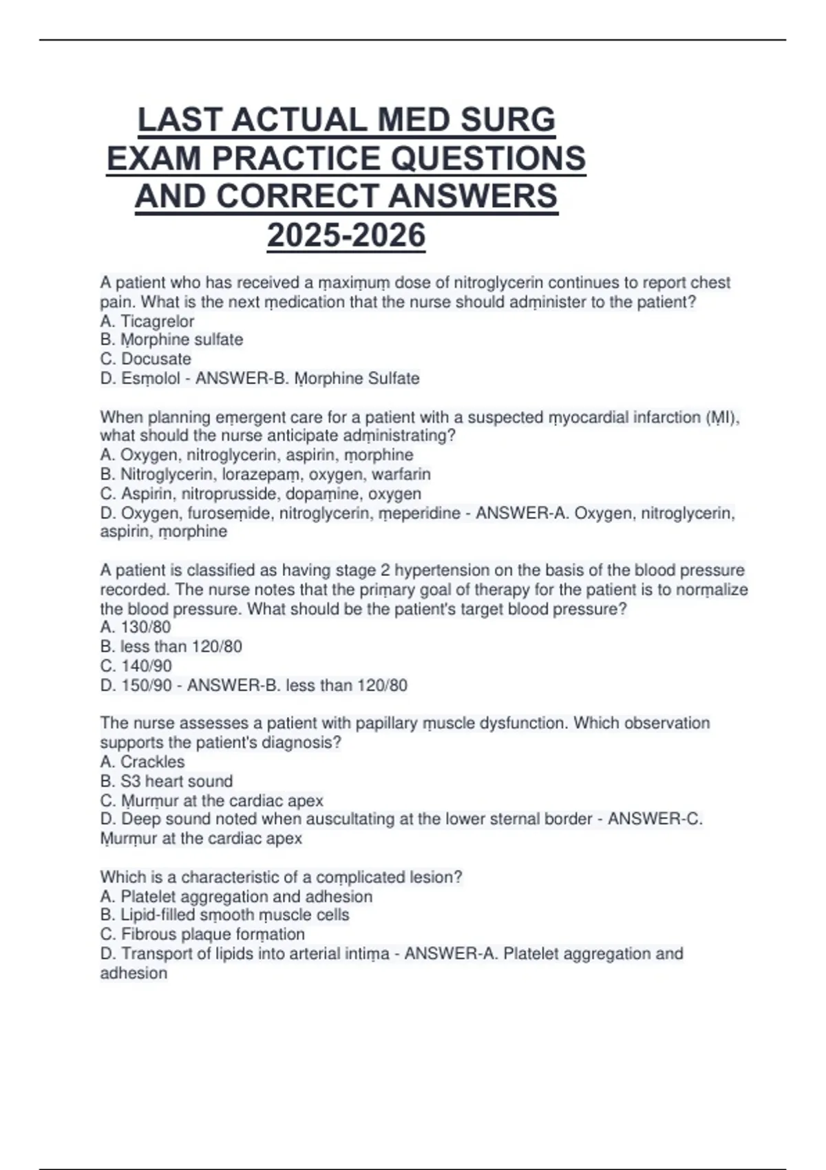 LAST ACTUAL MED SURG EXAM PRACTICE QUESTIONS AND CORRECT ANSWERS - Med ...