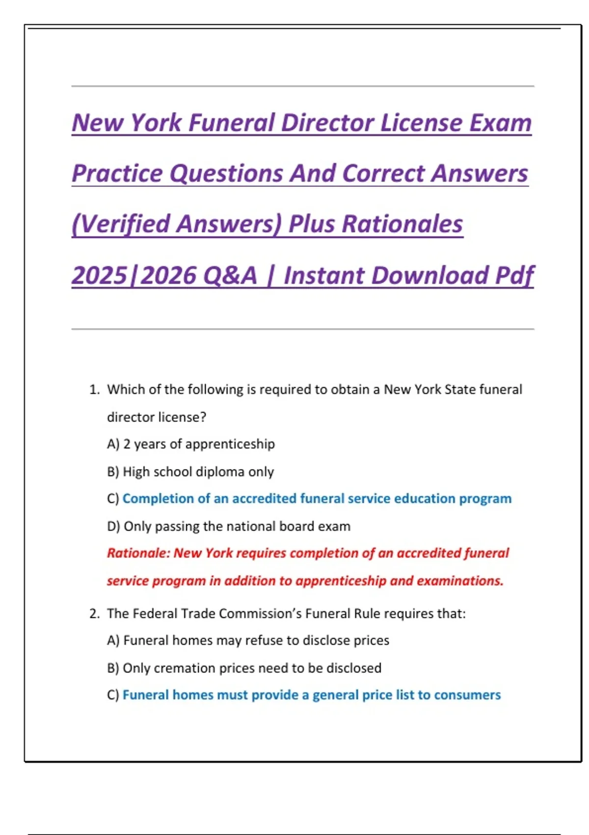 New York Funeral Director License Exam Practice Questions And Correct Answers (Verified Answers ...