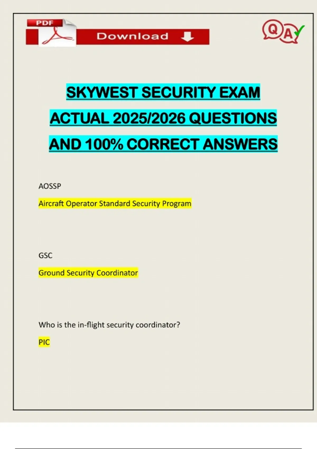 SKYWEST SECURITY EXAM ACTUAL 2025/2026 QUESTIONS AND 100% CORRECT ANSWERS - SKYWEST - Stuvia US