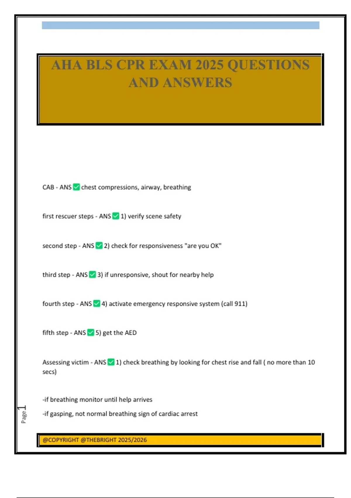 AHA BLS CPR EXAM 2025 QUESTIONS AND ANSWERS - AHA BLS - Stuvia US