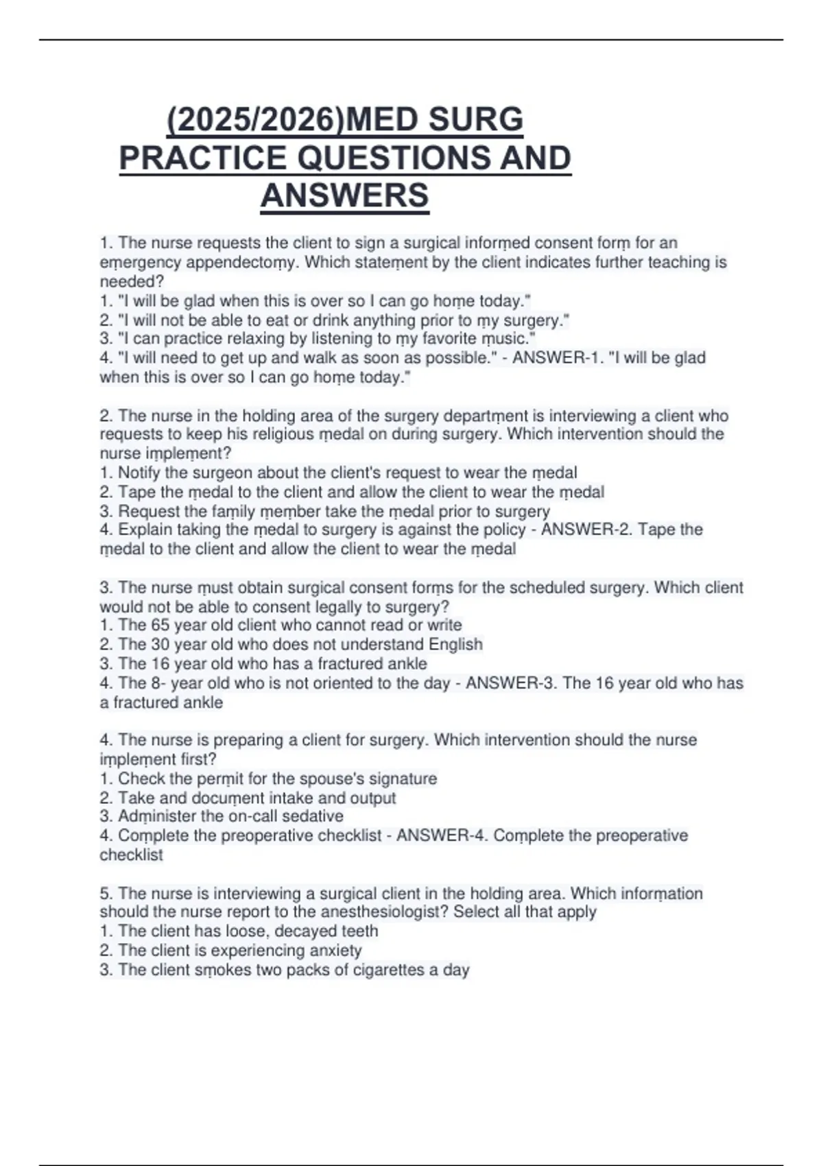 (2025/2026)MED SURG PRACTICE QUESTIONS AND ANSWERS - Med surg - Stuvia US