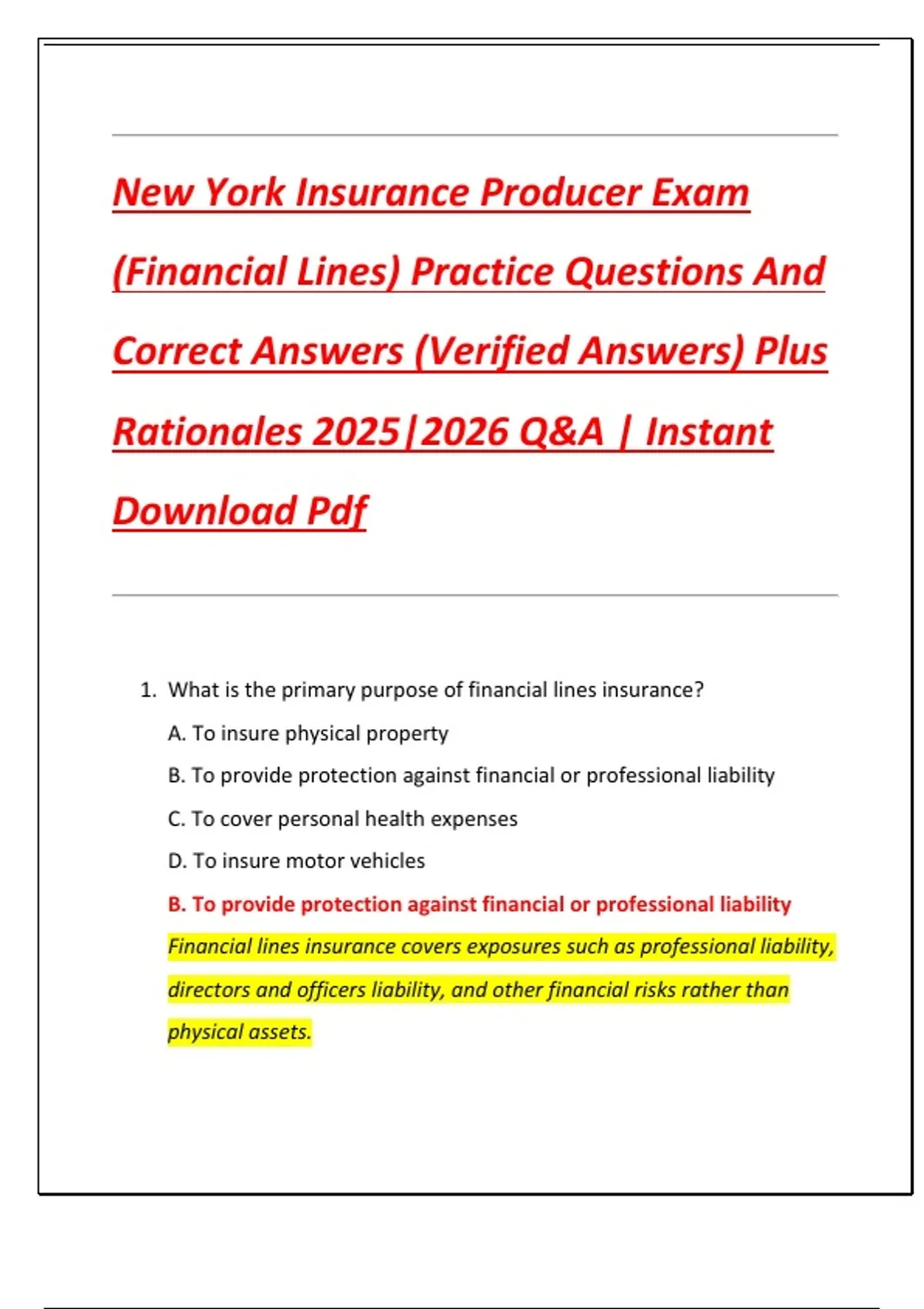 New York Insurance Producer Exam (Financial Lines) Practice Questions ...