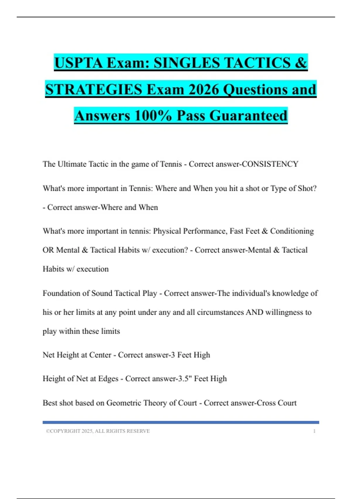 USPTA Exam: SINGLES TACTICS & STRATEGIES Exam 2026 Questions and ...