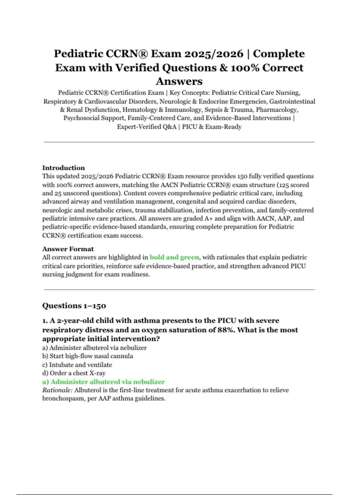 Pediatric CCRN® Exam 2025/2026 | Complete Exam with Verified Questions ...