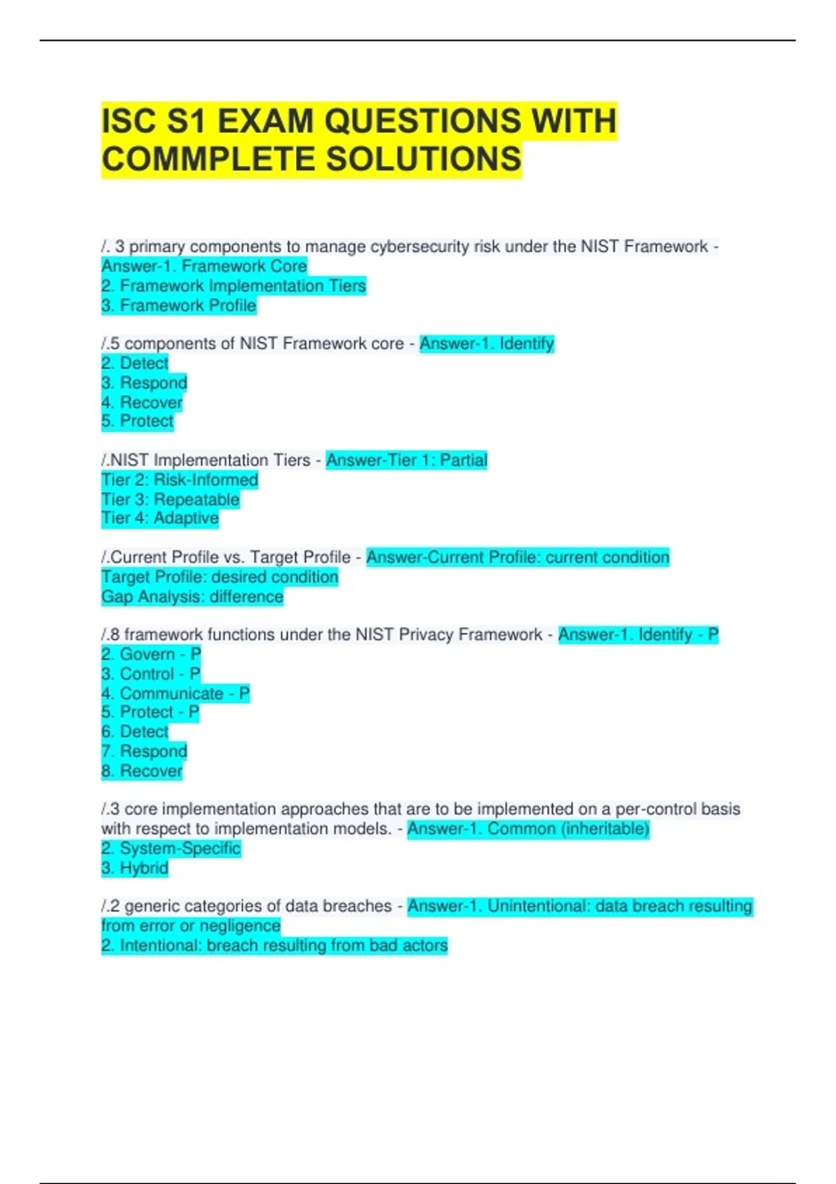 ISC S1 EXAM QUESTIONS WITH COMMPLETE SOLUTIONS - ISC - Stuvia US